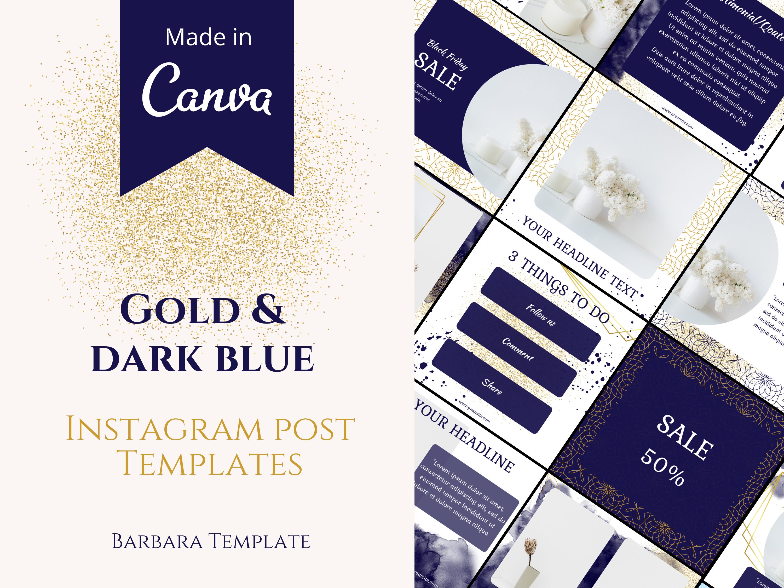 Gold and Dark Blue Instagram Templates Bundle Kit Content - Etsy