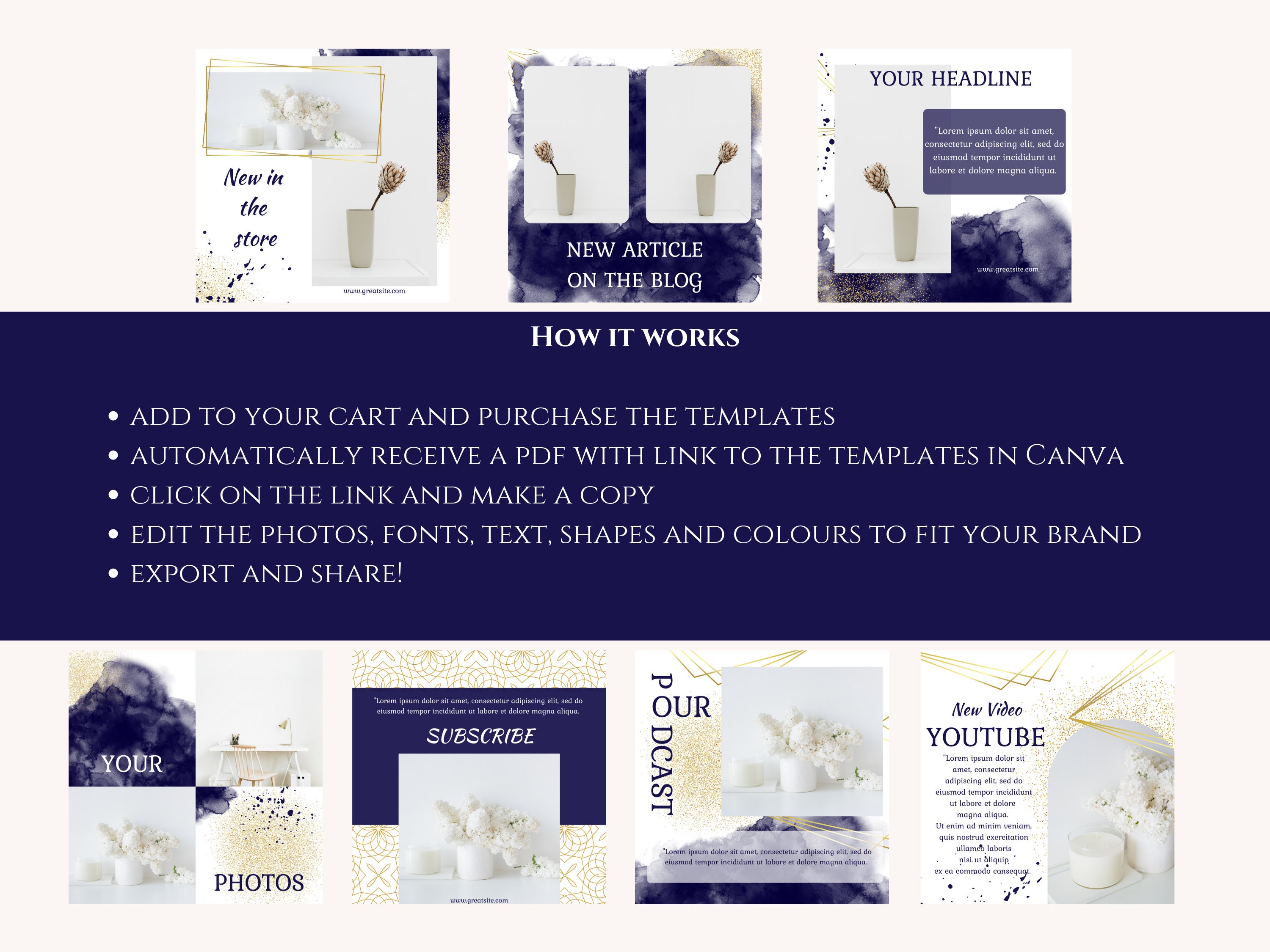 Gold and Dark Blue Instagram Templates Bundle Kit Content - Etsy