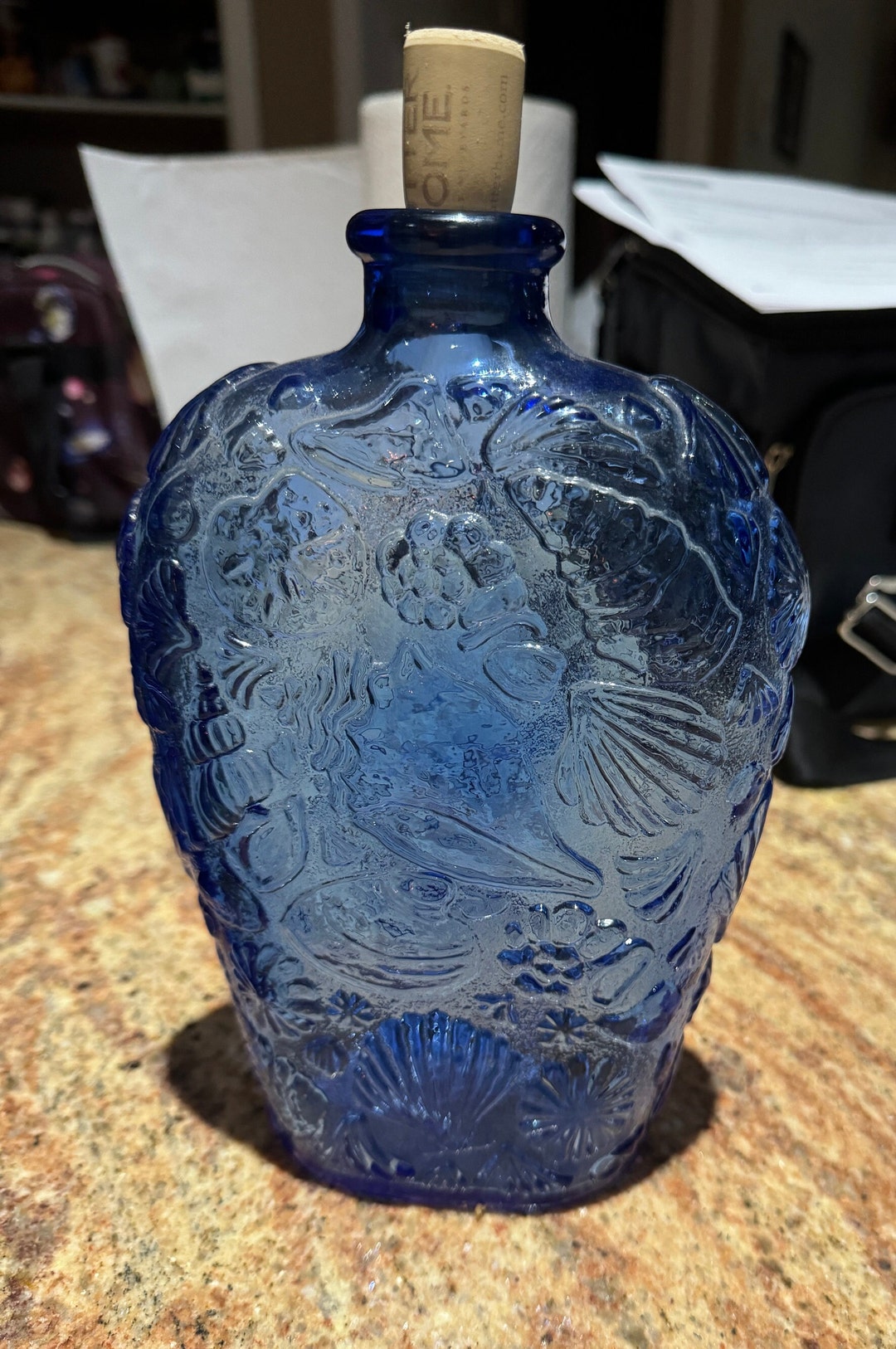 Vintage Cobalt Blue Libby Glass Bottle Embossed Sea Shells Beach ...