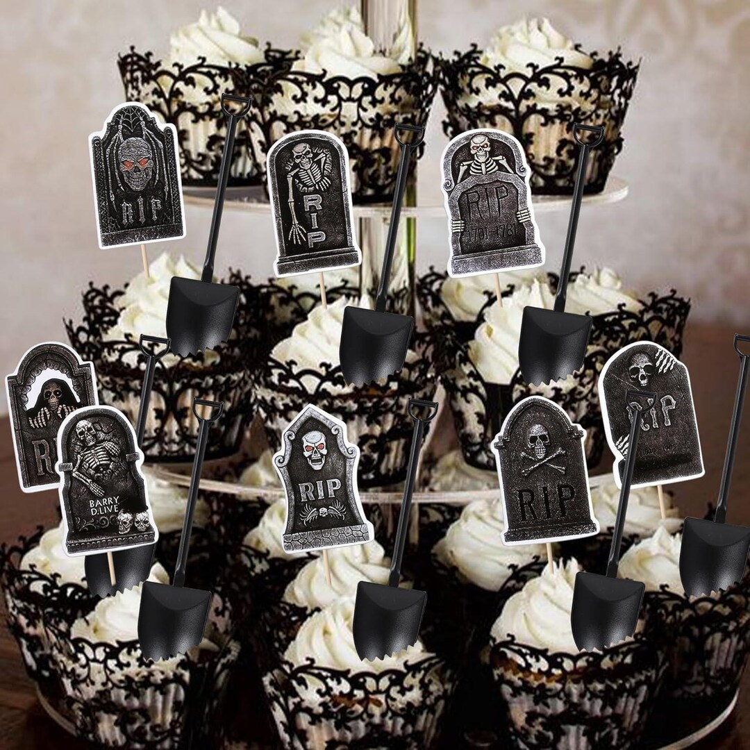 For Halloween Tombstone Cupcake Toppers With Mini Shovel Spoons, Pre ...