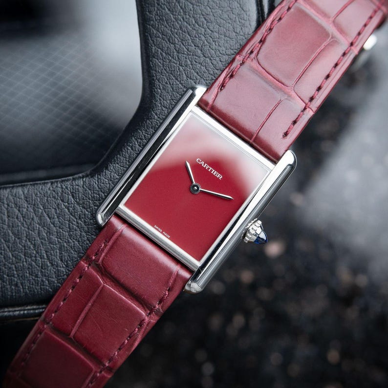 Cartier Tank Must Large Model Burgundy Red Dial Steel Leather Quartz ...