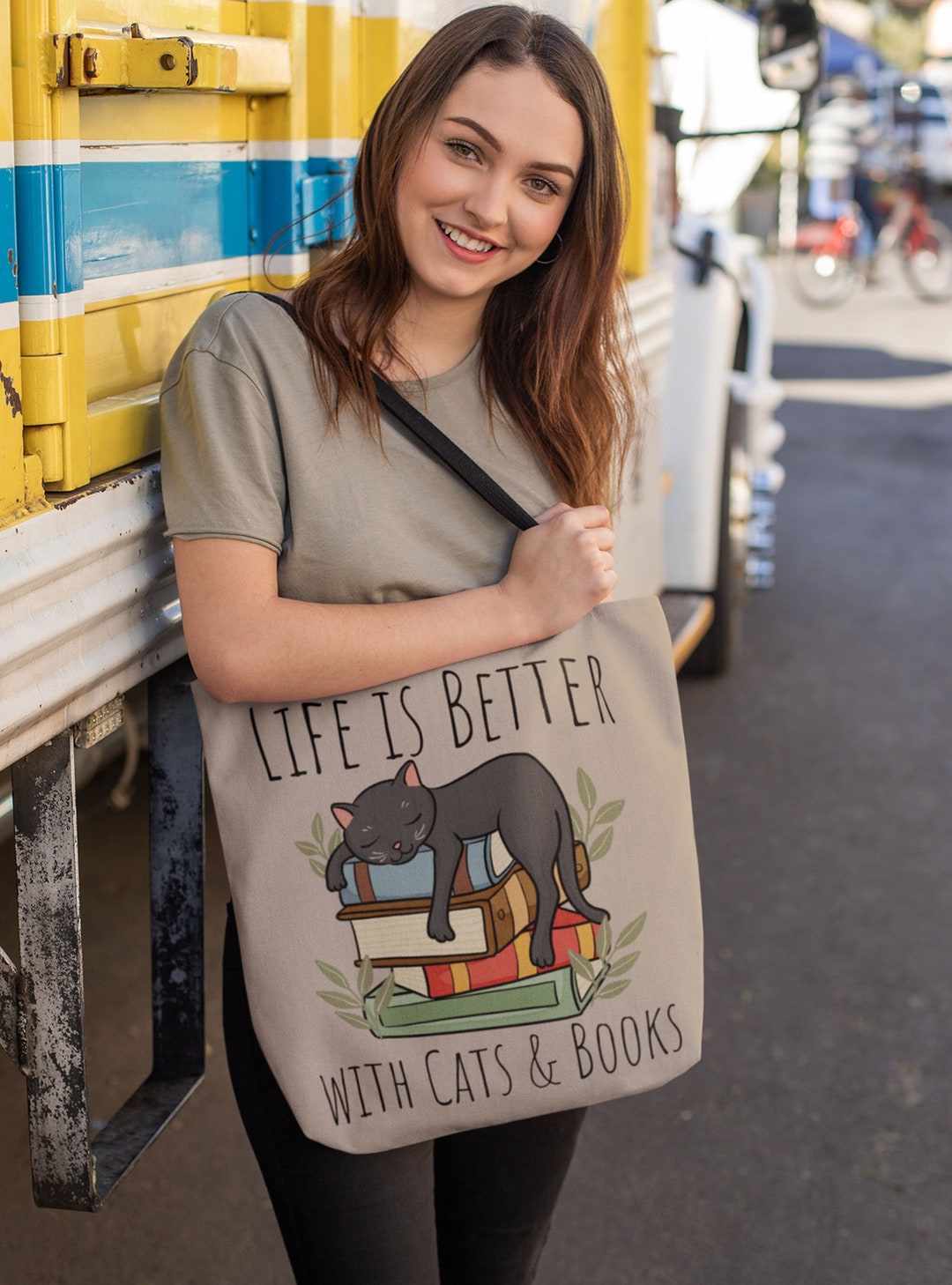 Black Cat Tote, Book Lover Bag, Teacher Gift, Student Accessory, Cute ...