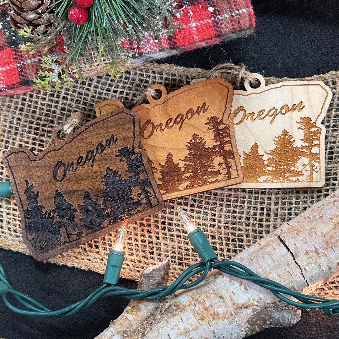 Engraved Oregon State Ornament | PNW Forest Scene, Hardwood - Etsy