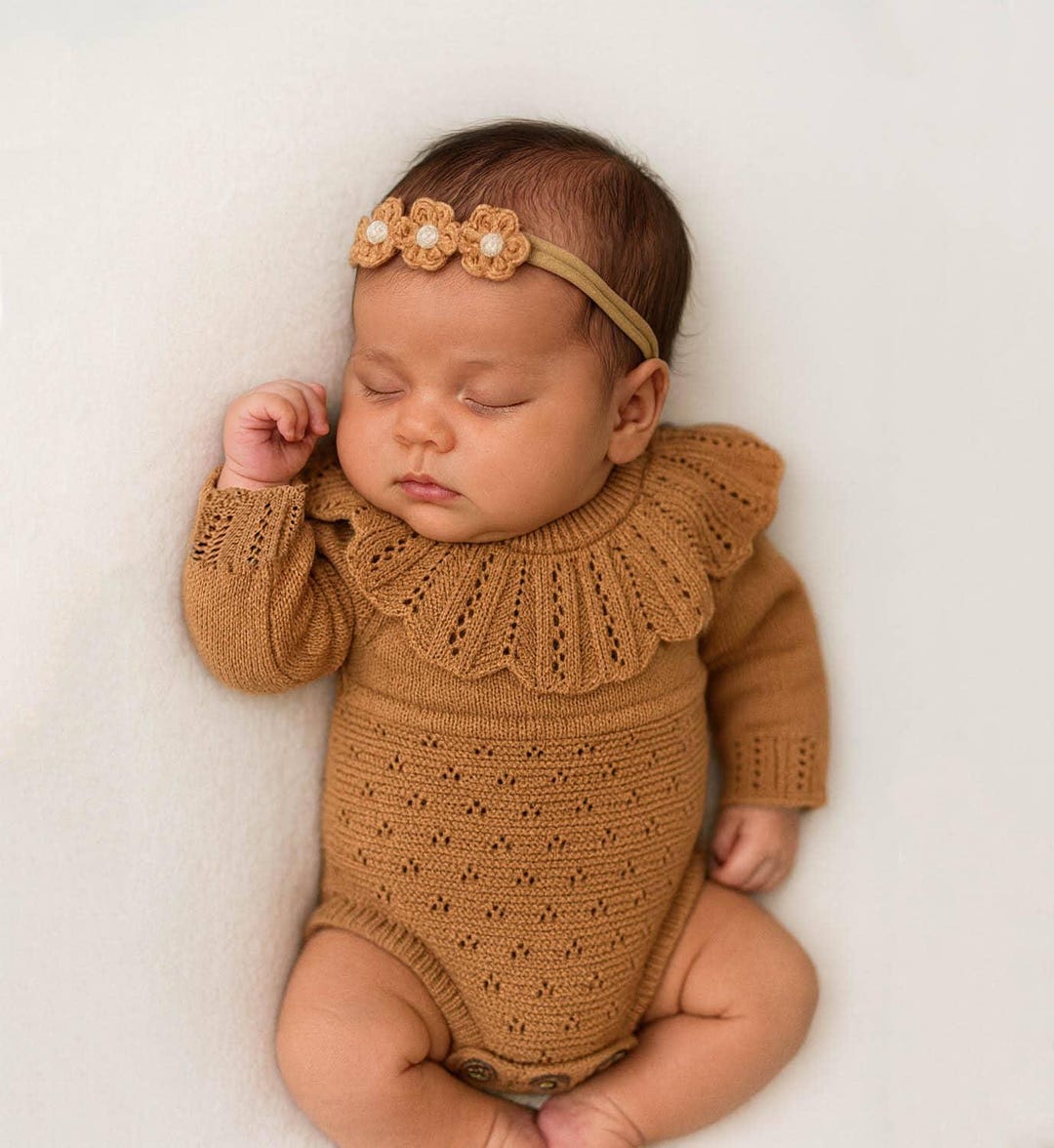 Baby Girl Knit Lace Cotton Romper 3PC SET | Booties Bow | Zori Tan - Etsy