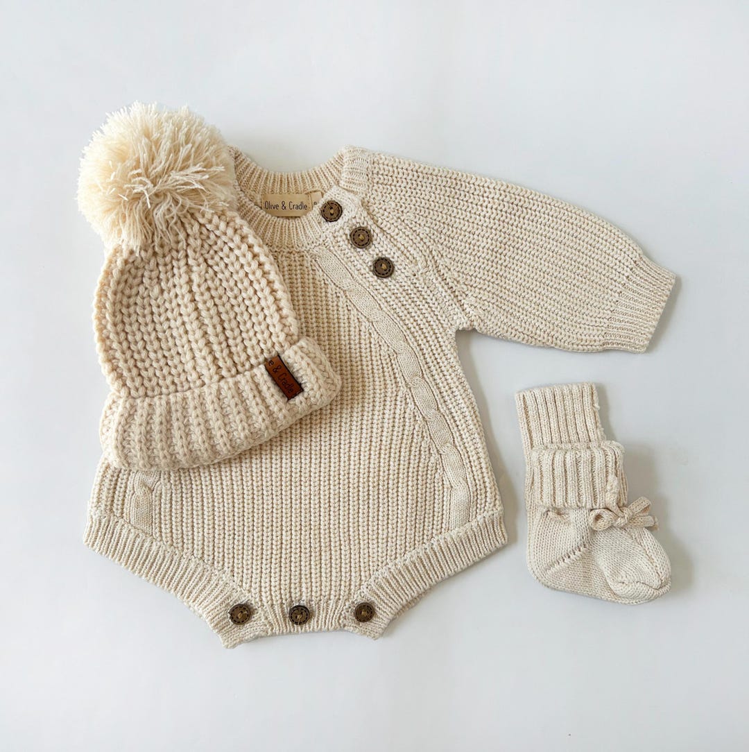 Baby Newborn Chunky Knit Set Options | Romper Booties Hat | Light Rice ...