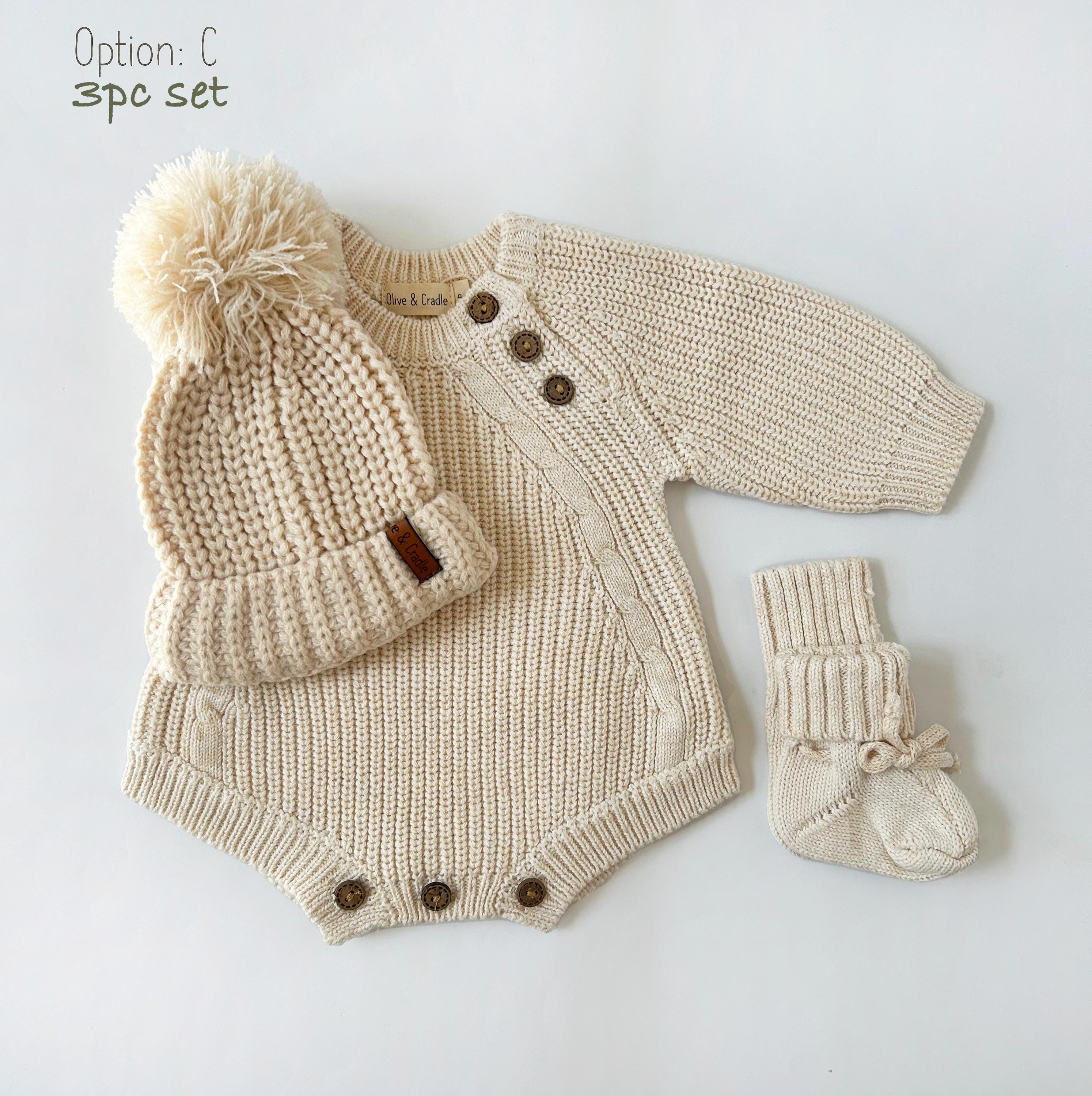 Baby Newborn Chunky Knit Set Options | Romper Booties Hat | Light Rice ...