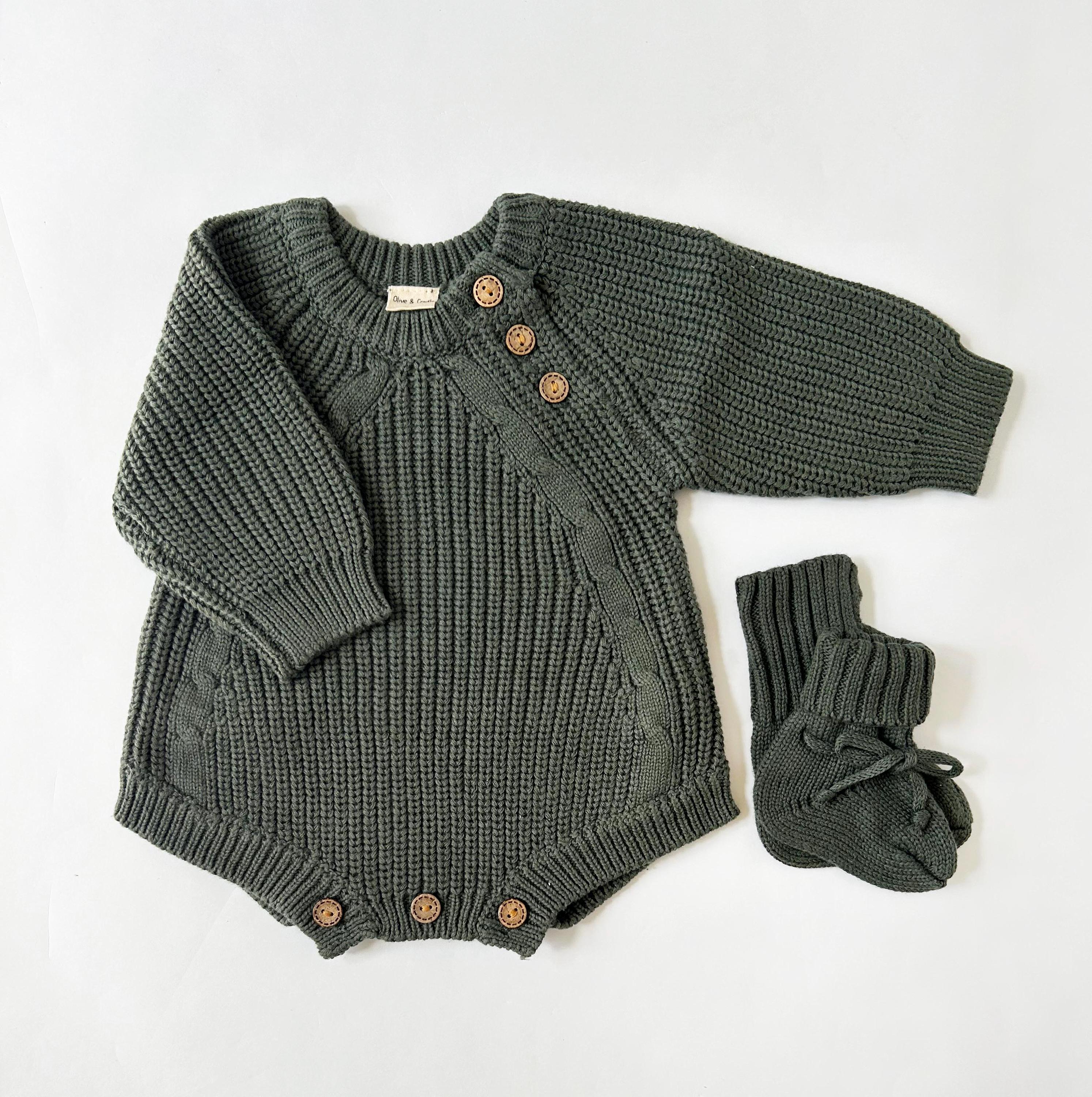Baby Newborn Chunky Knit Set Options | Romper Booties Hat |forest Green ...
