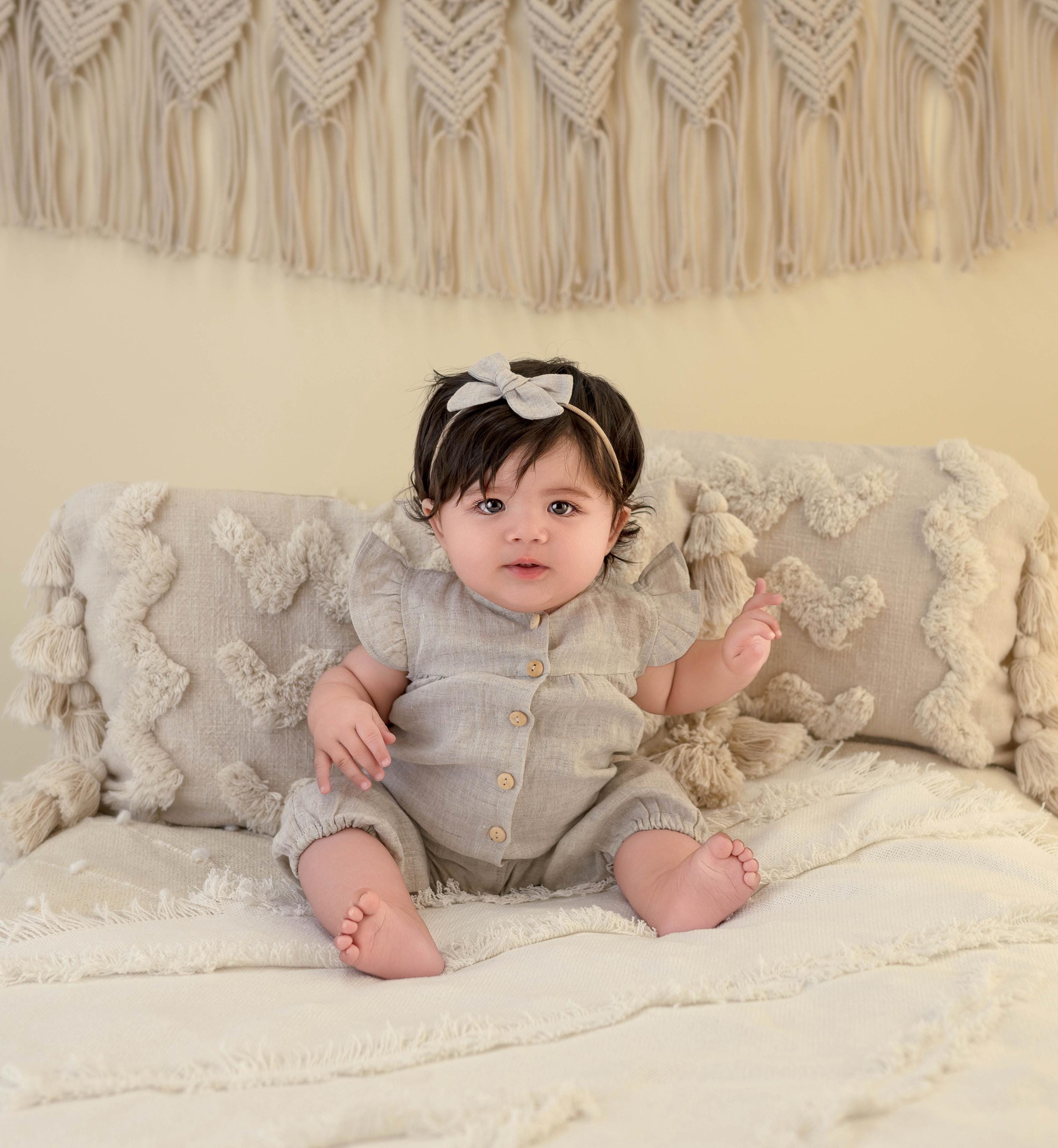 Baby Girl LINEN Jumper + Bow | Jennifer - Etsy