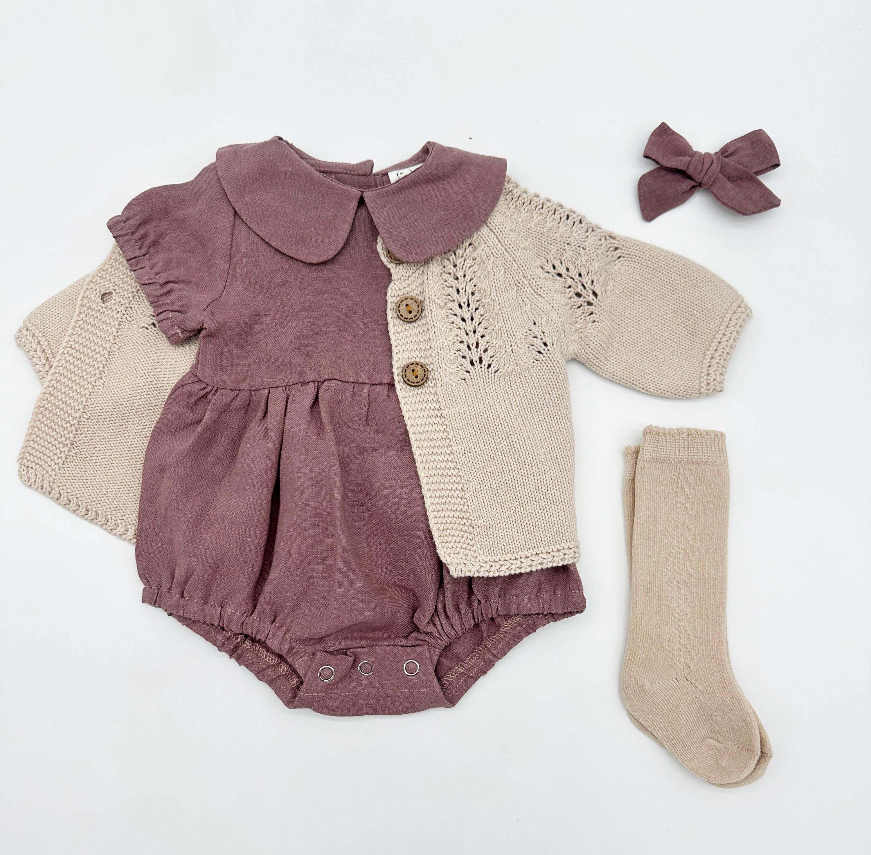 Baby Girl Plum Linen Romper | Peter Pan Collar, Bow Option - Etsy