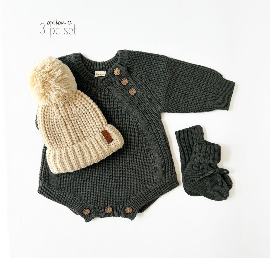 Baby Newborn Chunky Knit Set Options | Romper Booties Hat |forest Green ...