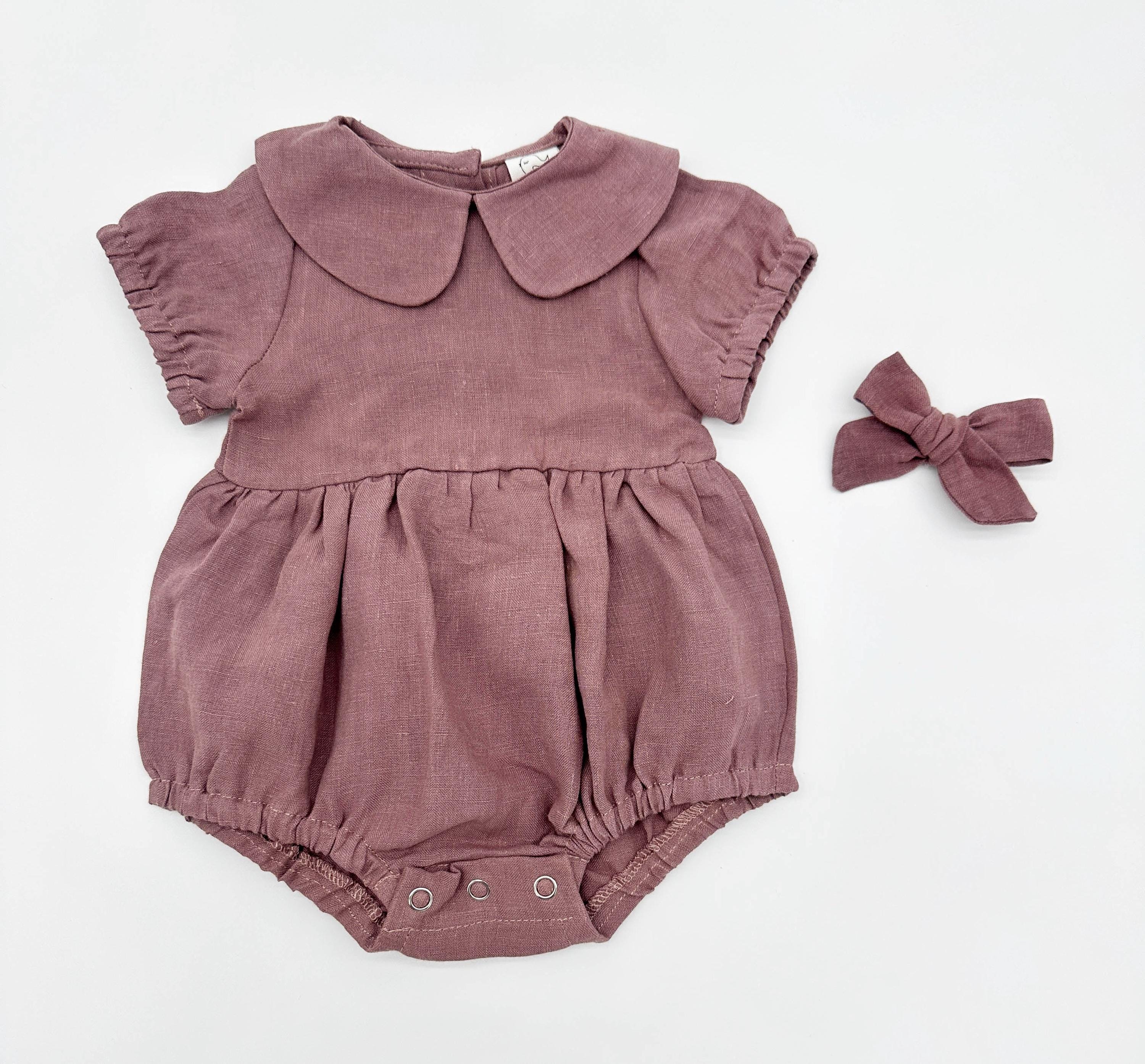 Baby Girl Plum Linen Romper | Peter Pan Collar, Bow Option - Etsy