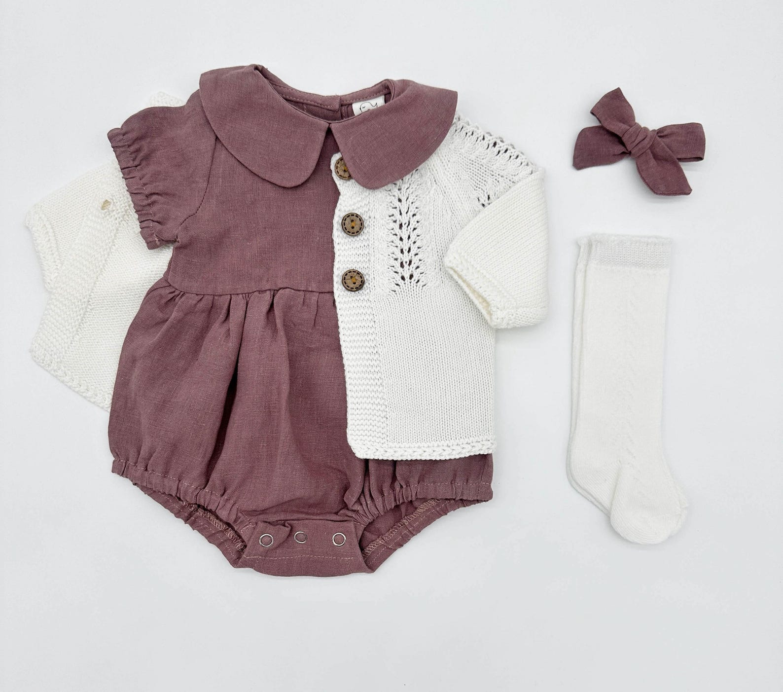 Baby Girl Plum Linen Romper | Peter Pan Collar, Bow Option - Etsy