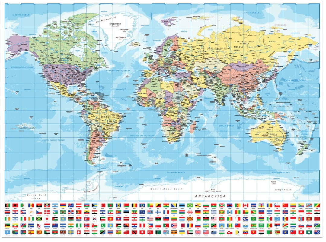 Large Map of the World Banner Vinyl Poster With Country Flags 81cm X ...