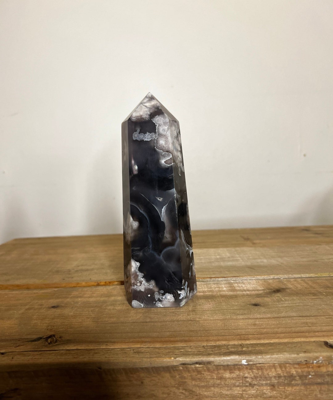 Black Flower Agate Tower | Large Crystal Tower - Etsy