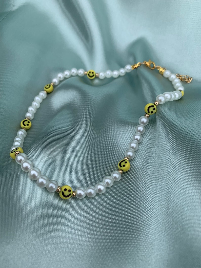 Smiley Face Necklace, Pearl Necklace, Yellow Necklace, Gold Necklace ...