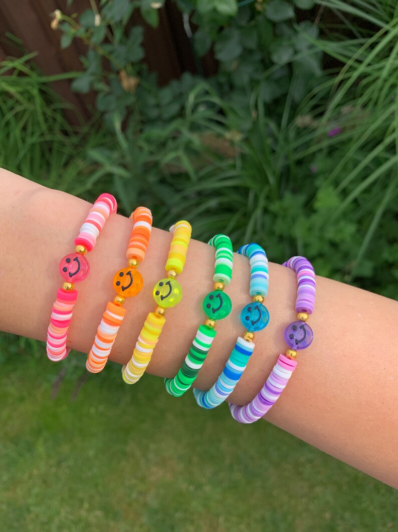 Custom Color Smiley Clear Clay Bracelet, Multicolor Beads, Handmade ...