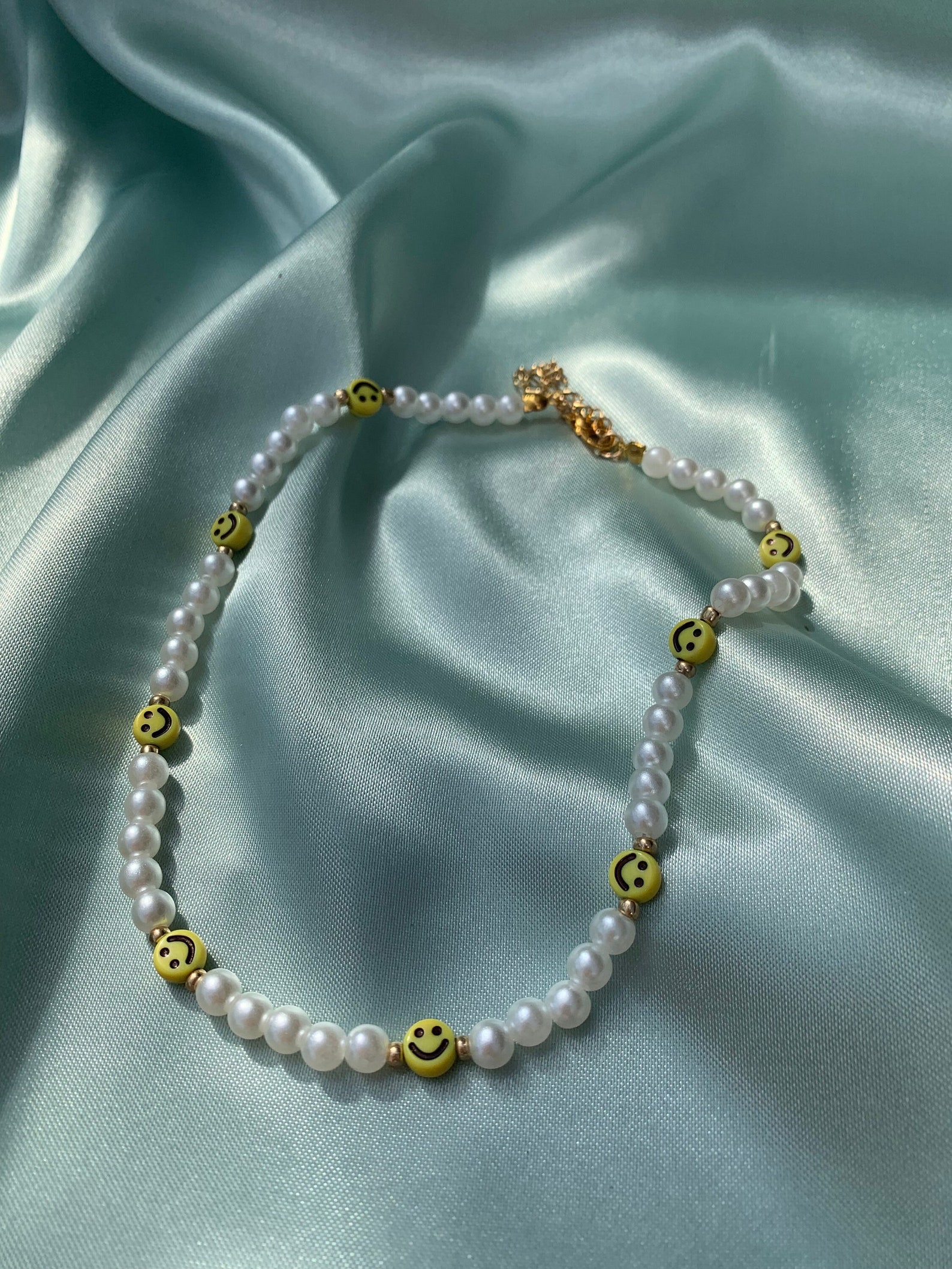 Smiley Face Necklace, Pearl Necklace, Yellow Necklace, Gold Necklace ...