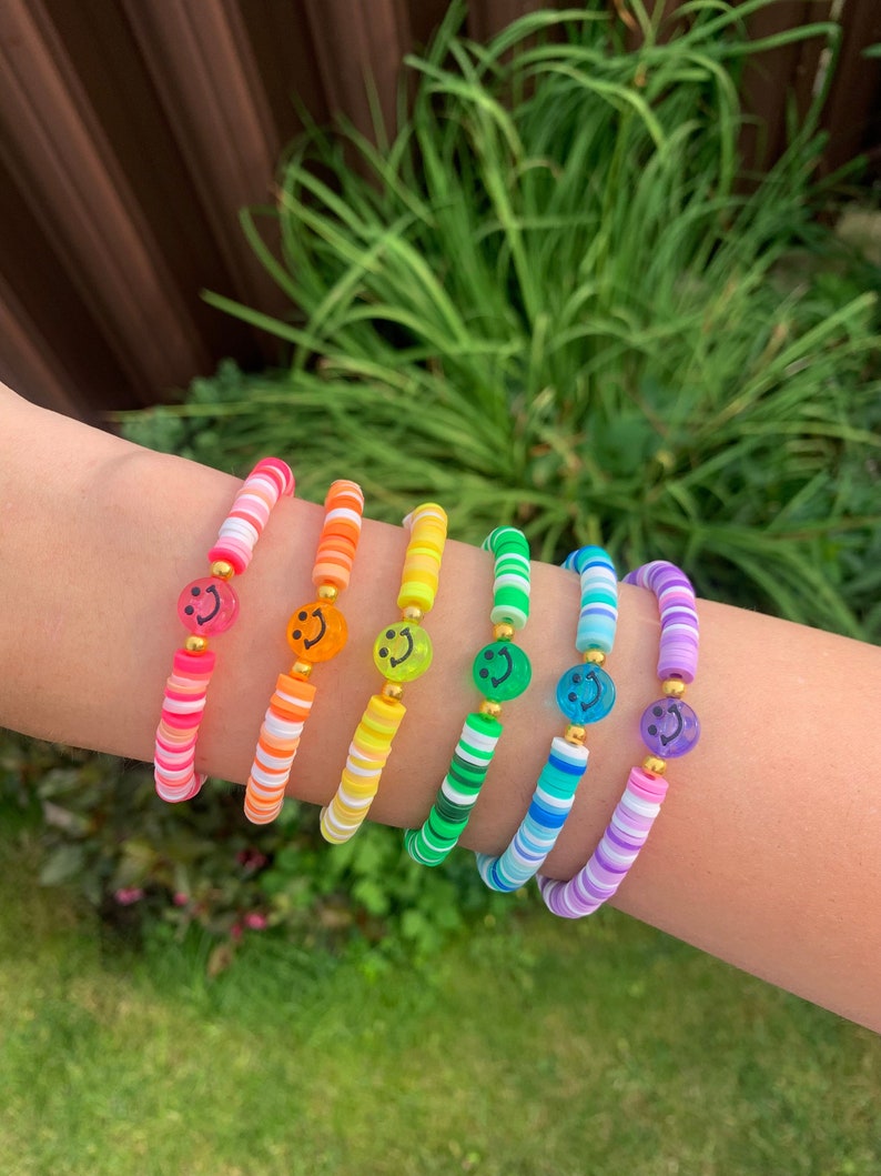 Custom Color Smiley Clear Clay Bracelet, Multicolor Beads, Handmade ...