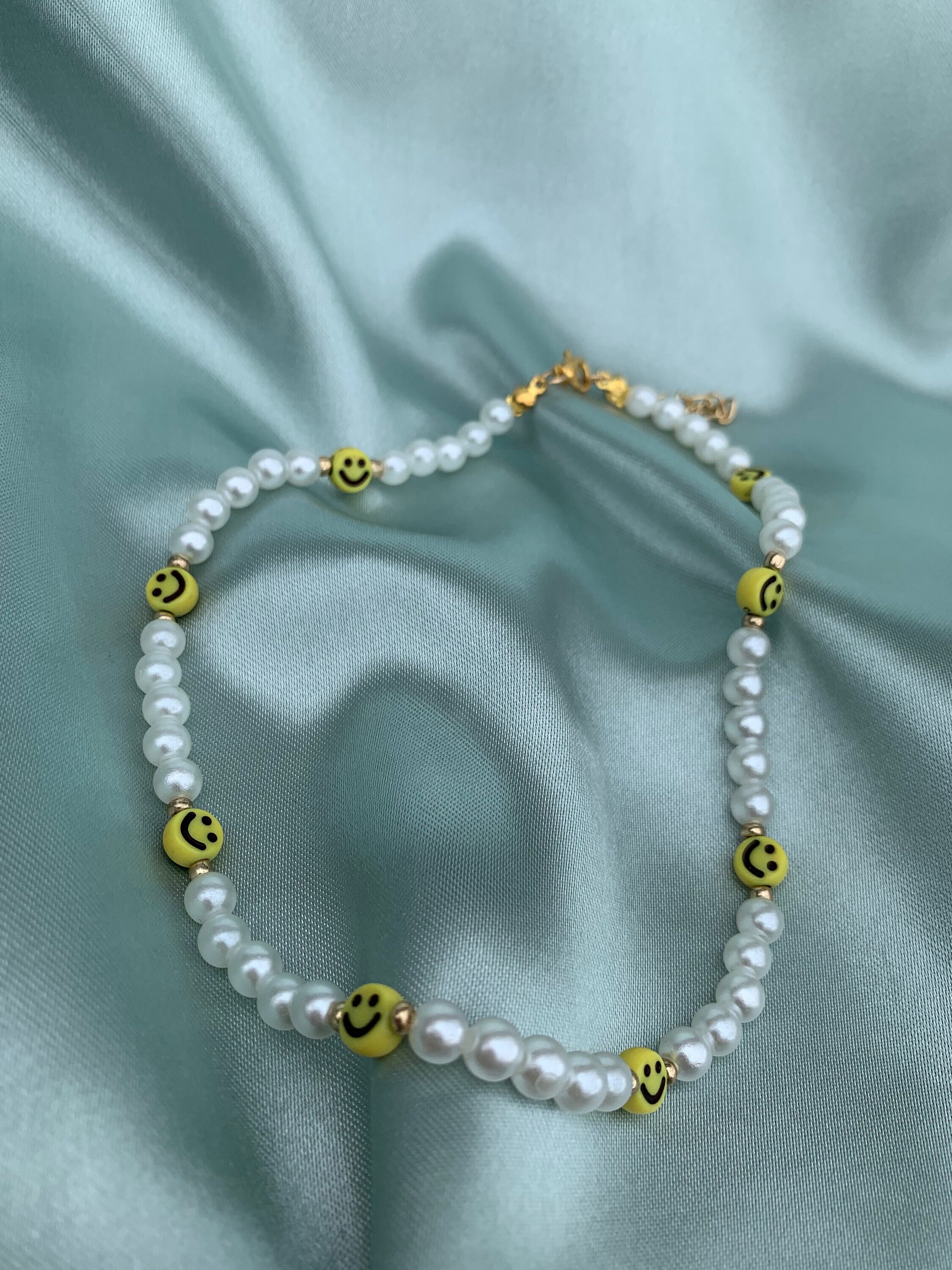 Smiley Face Necklace, Pearl Necklace, Yellow Necklace, Gold Necklace ...