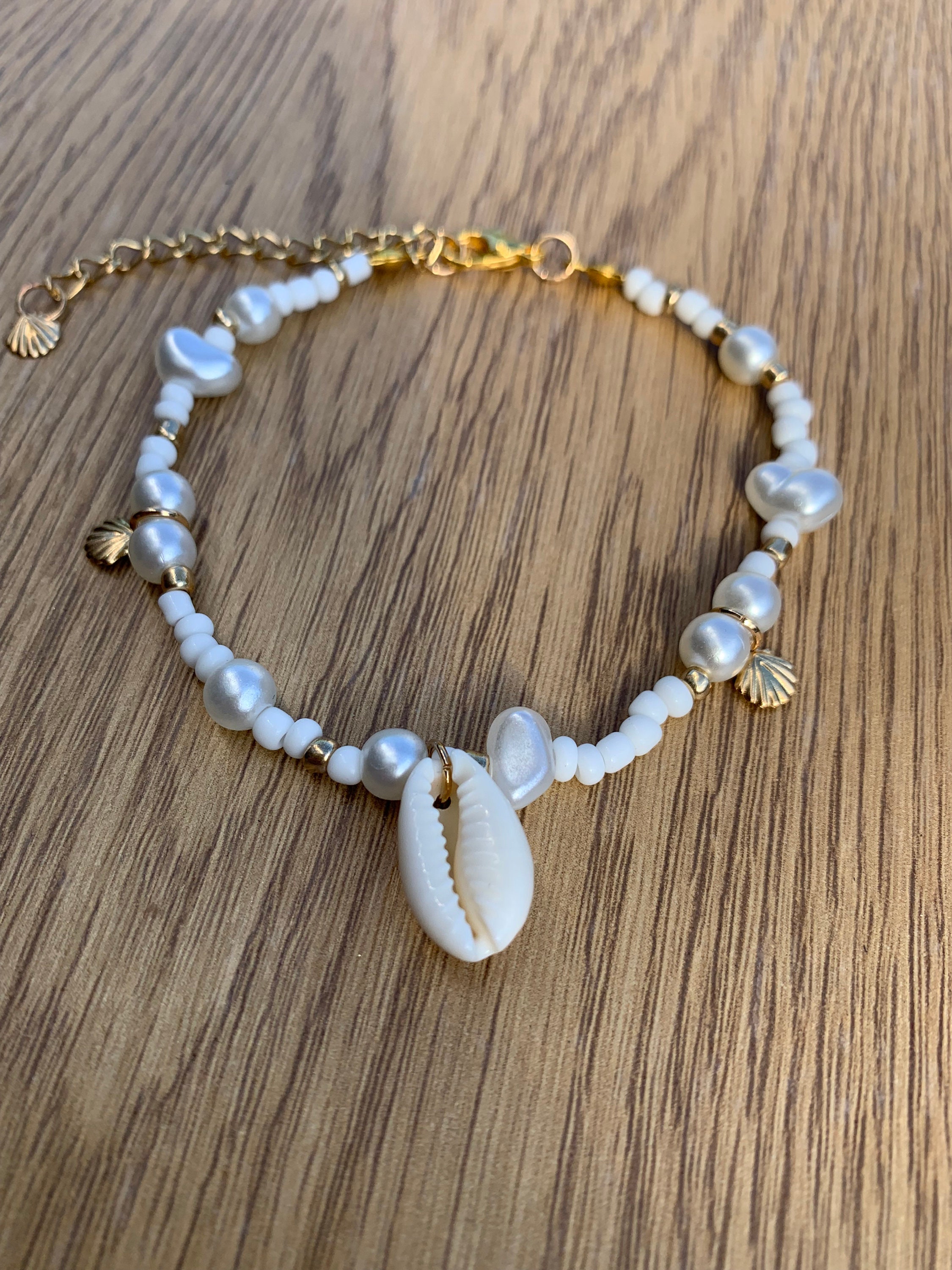 Gold Seashell Pearl Bracelet, Beachy Charm Bracelet, Shell Jewelry ...