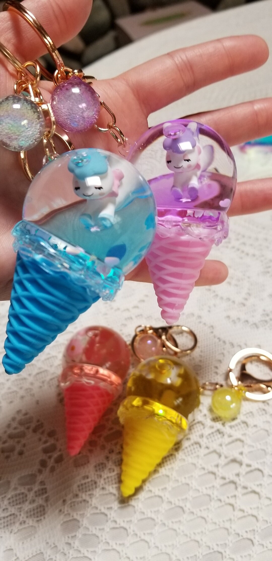 Kawaii Unicorn Ice Cream Cone Keychains, Cute Liquid Keychain Bag Purse ...