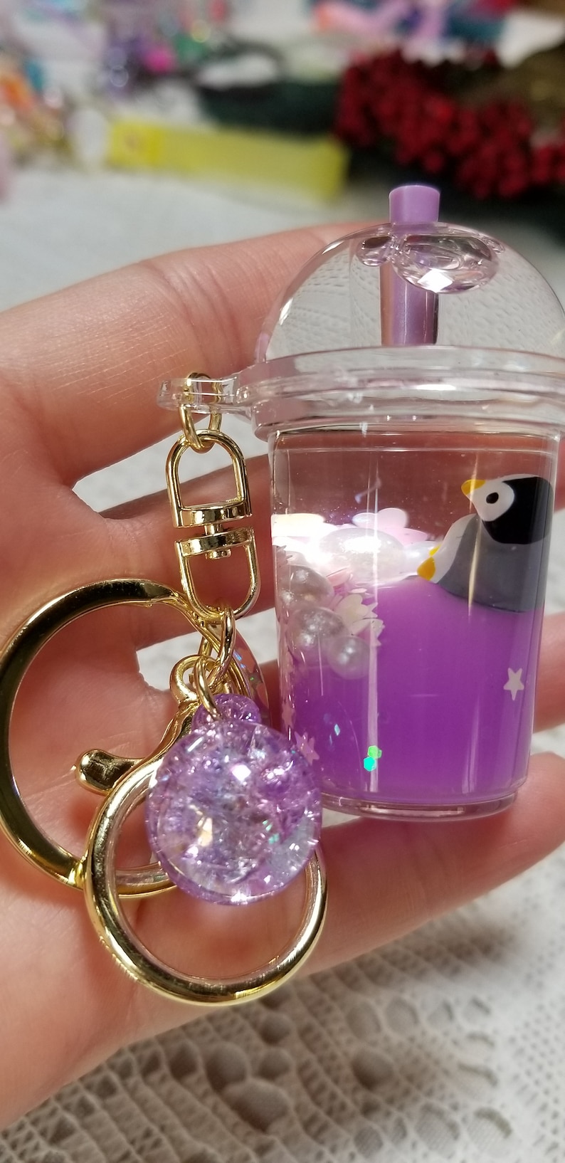 Purple Penguin Liquid Keychains Cute Kawaii Bag Charms for Purses ...