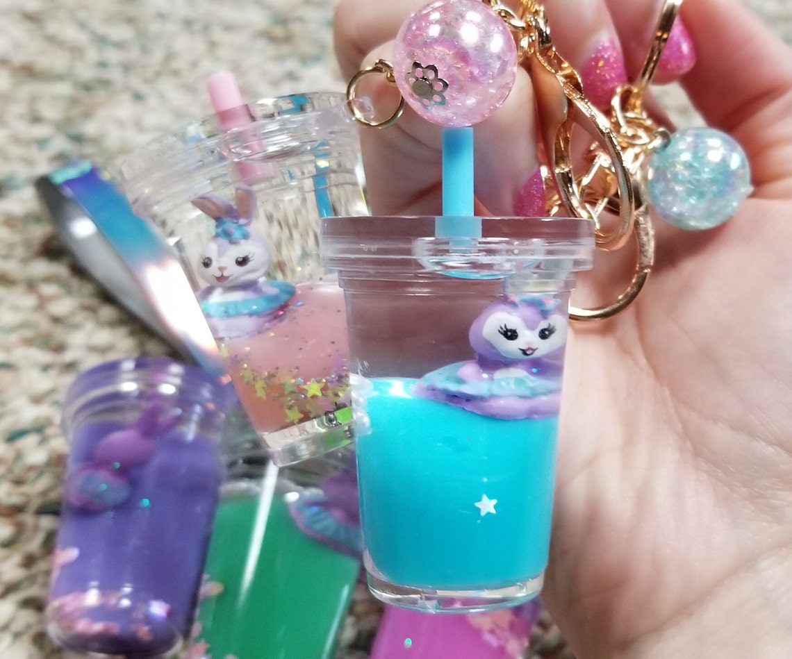 Bunny Glitter Liquid Keychains, Cute Kawaii Boba Babies, Milk Tea Drink ...