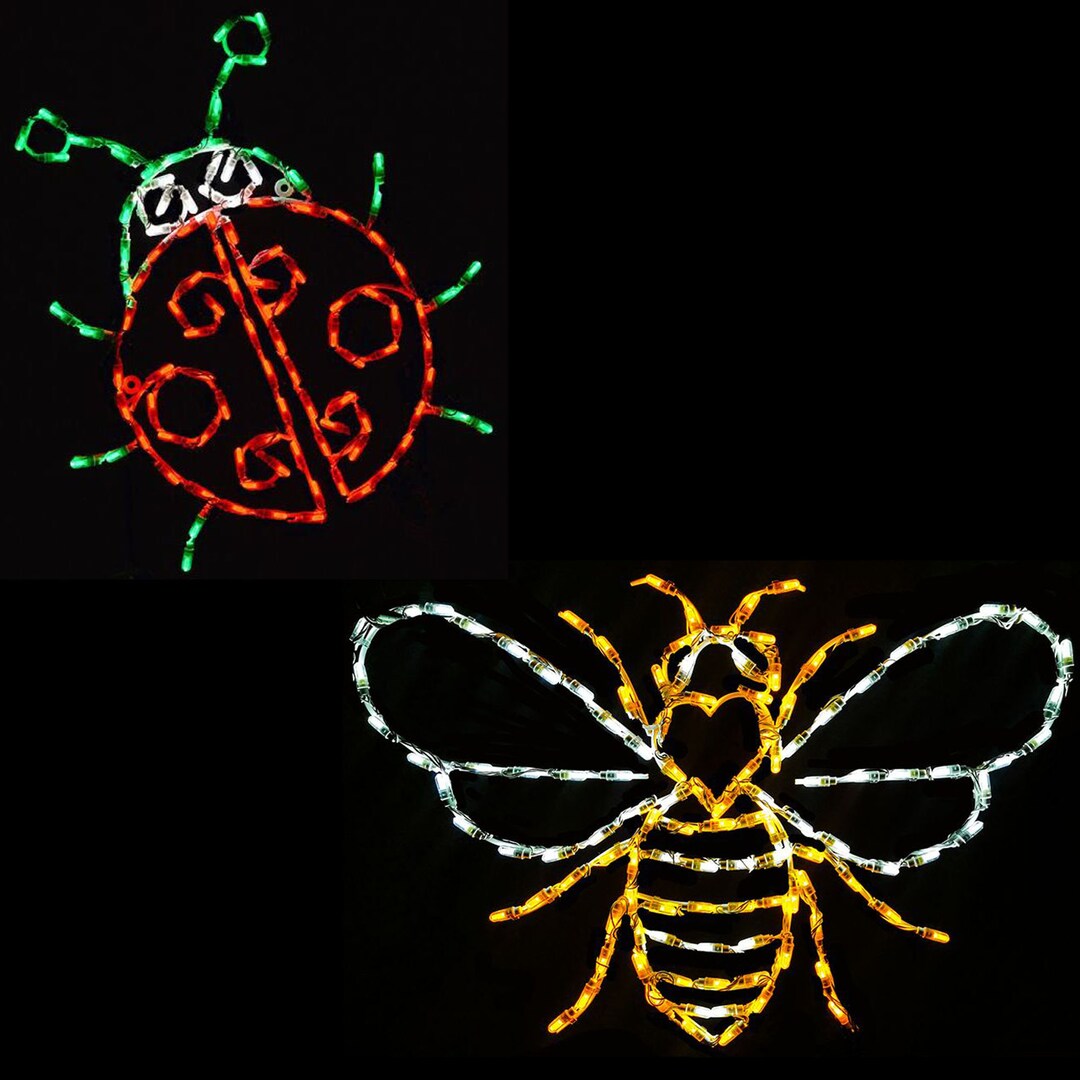 Set of Two Garden Nature Art LED Lighted Insects Lady Bug Honey Bee ...