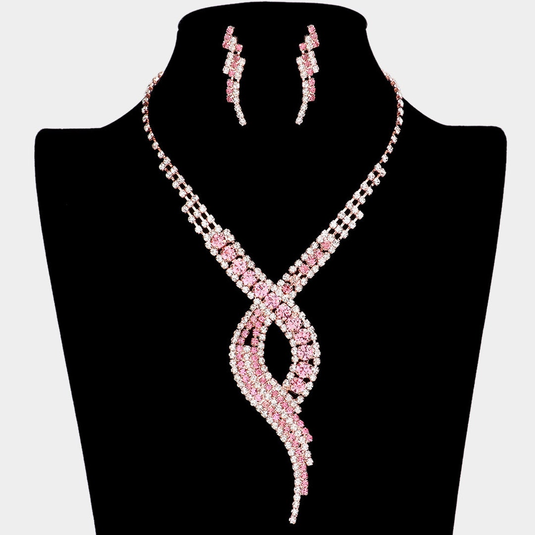 Pink Rhinestone Swirl Necklace Earrings Set Elegant Costume - Etsy