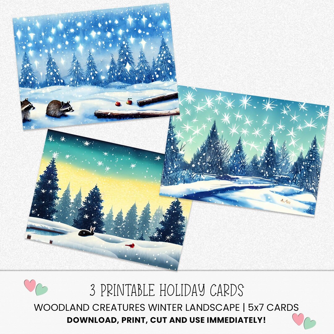 Printable Christmas Card Bundle Woodland Creature Note Card Winter Landscape Notecards Animal ...