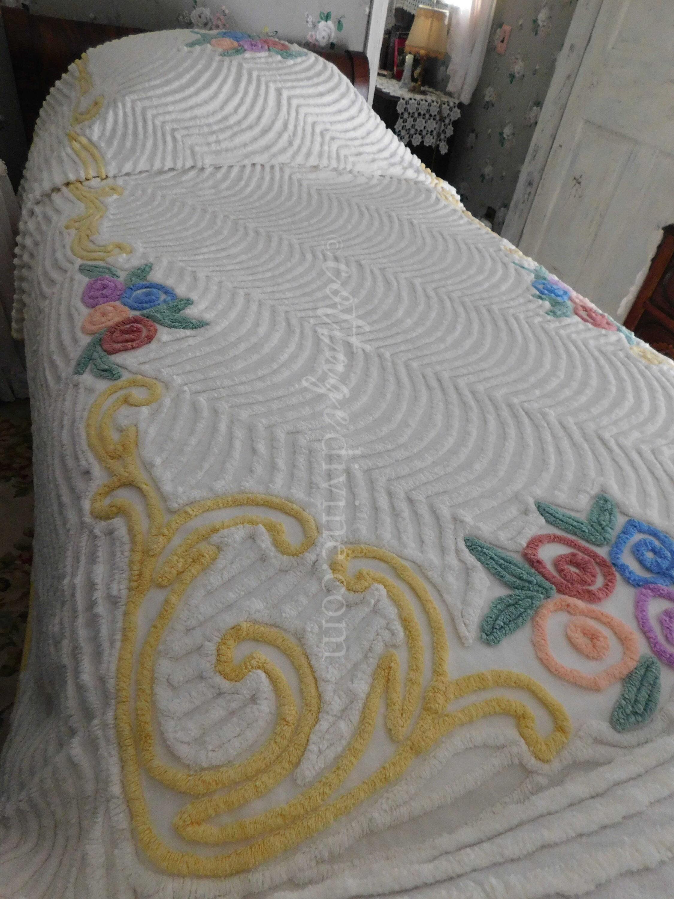 Vintage Twin Size Chenille Bedspread, Florals on Swirling White Cotton ...