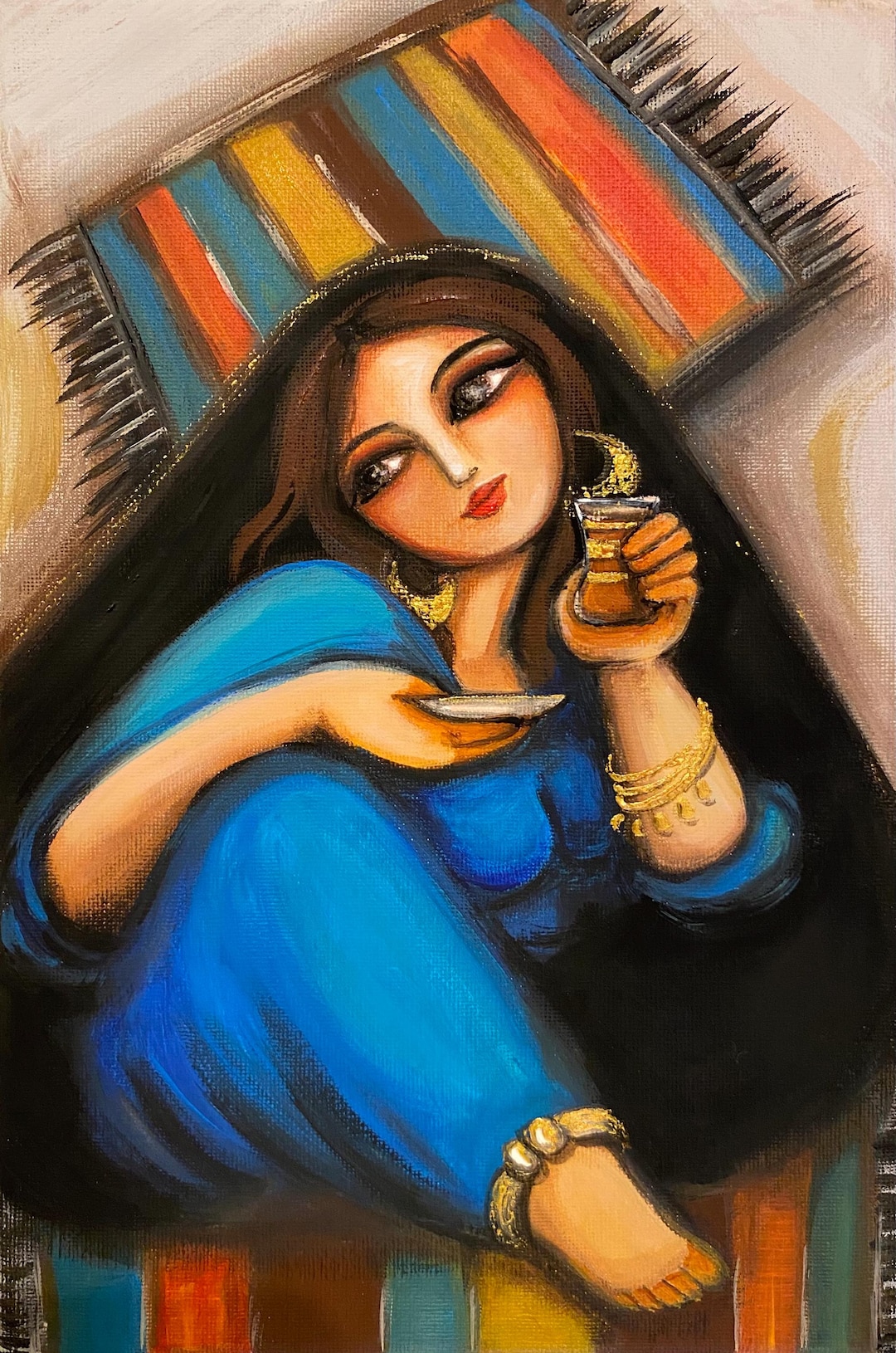 Original Iraqi Art. A Women With Her Tea Cup. Cultural and Traditional ...