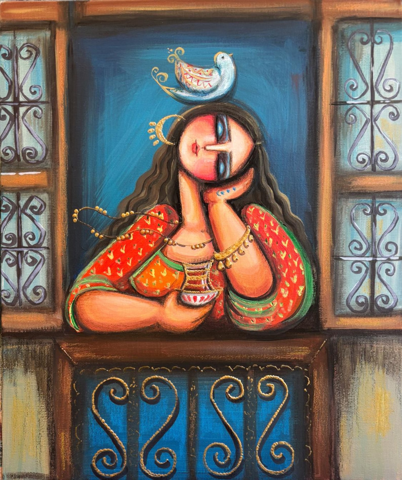 Waiting With a Cup of Tea and a Bird. Traditional Iraqi and Arabian Art ...