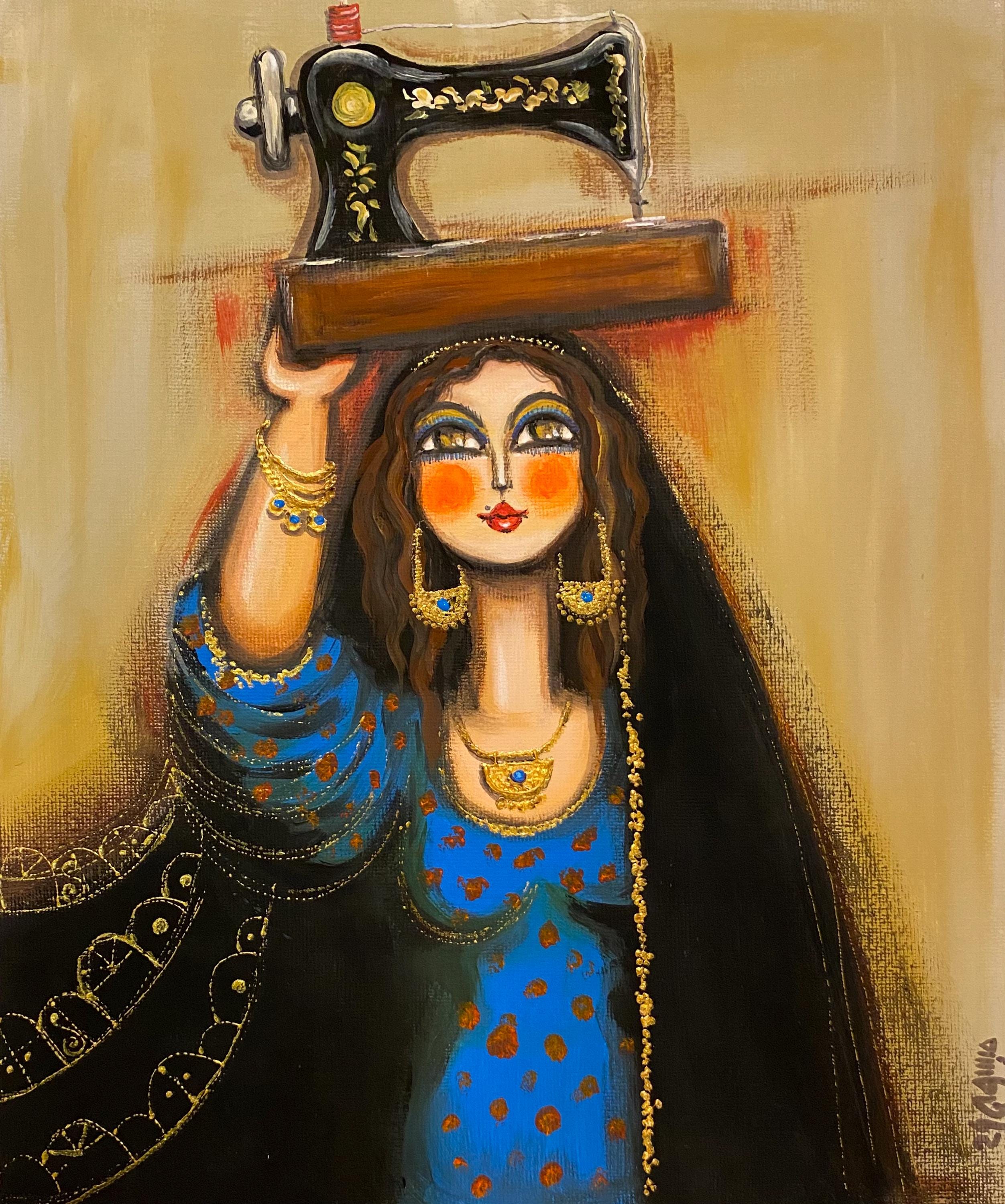 Original Iraqi Art. A Women and a Sewing Machine. Nostalgia. Arabian ...