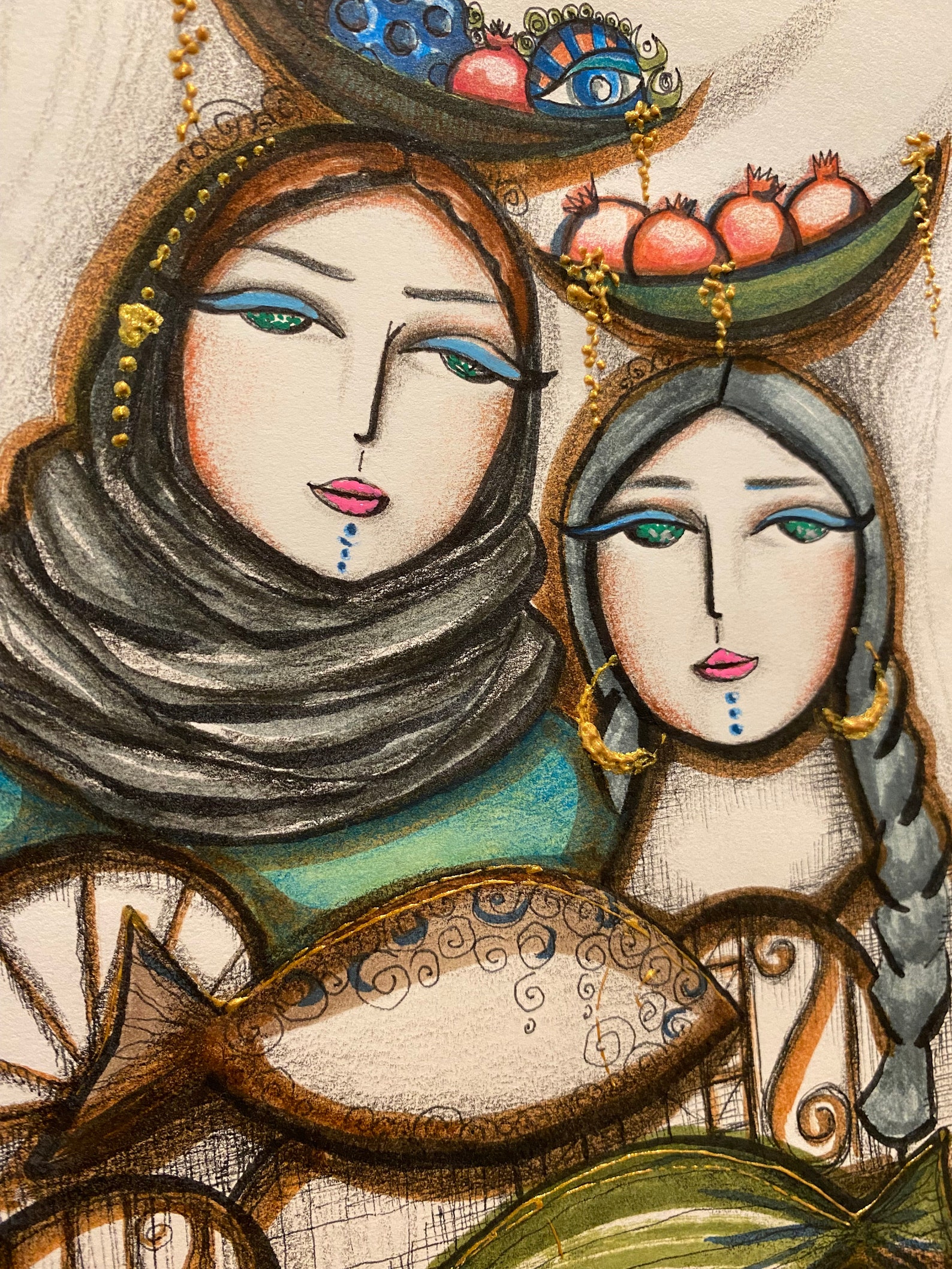 Two Pieces of Original Iraqi Art/ Mixed Media on Paper of Size 14 by 21 ...