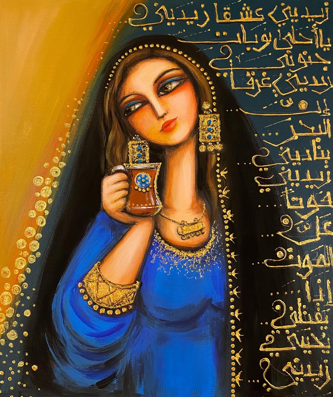 Original Iraqi Art. A Women With Her Tea Cup. Cultural and Traditional ...