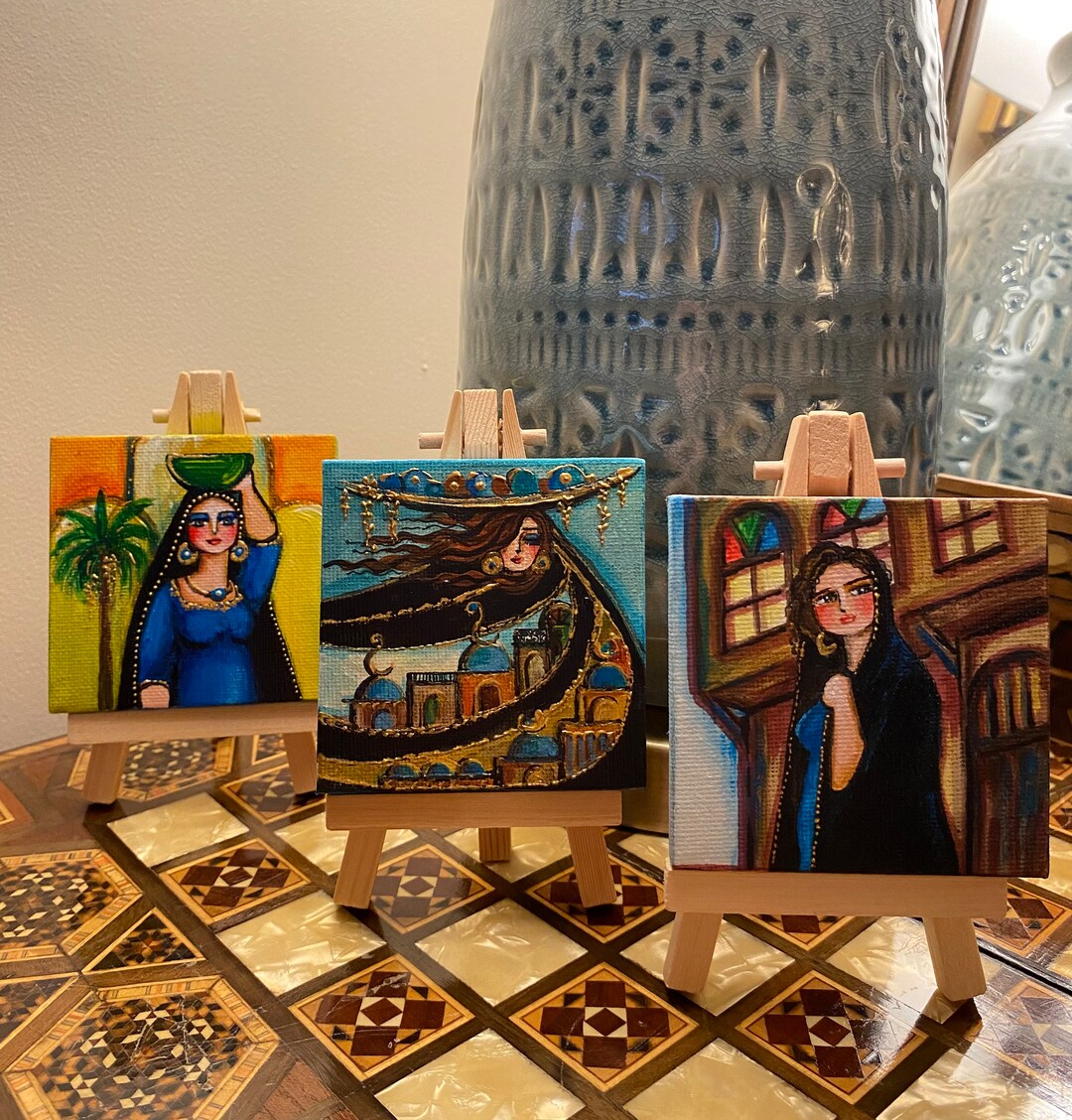 Original Iraqi Art/ Trio of Miniature Art on Canvas/ Traditional/ Cute ...