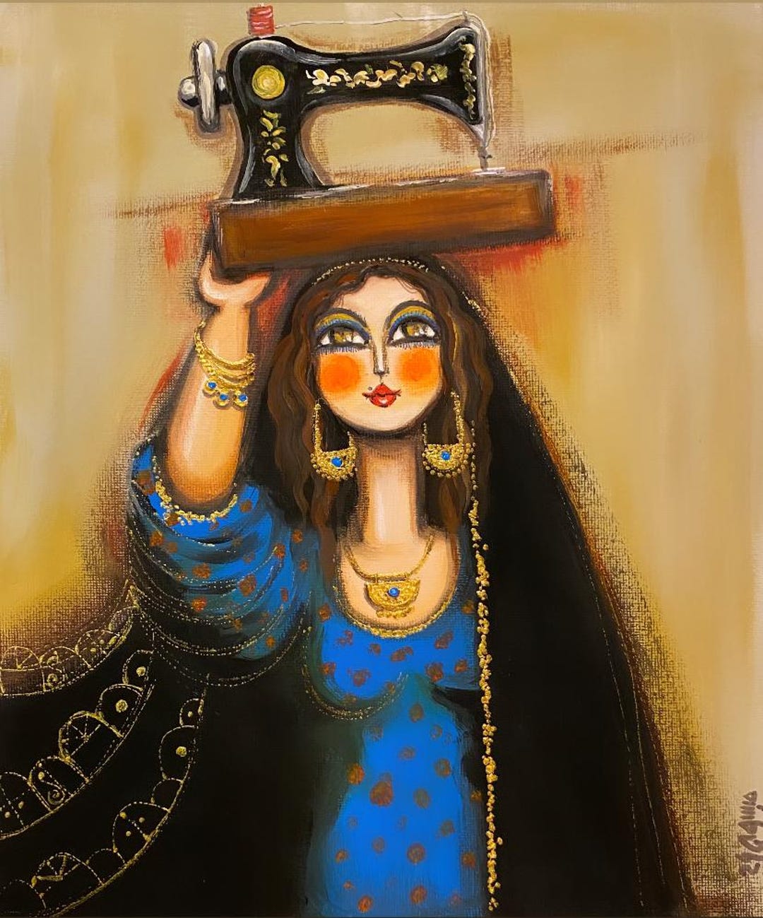 Original Iraqi Art. A Women and a Sewing Machine. Nostalgia. Arabian ...