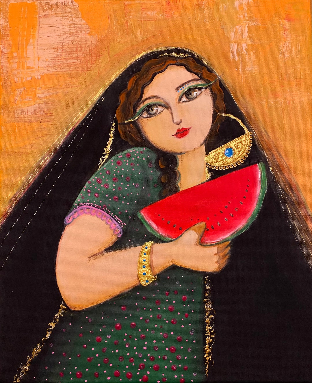 Watermelon Girl. Original Iraqi Art. Acrylic on 30 by 25 Cm Acrylic on ...