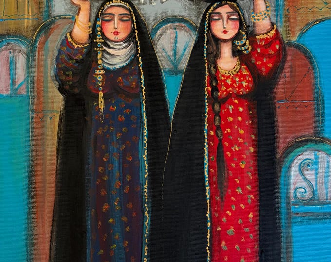 Original Iraqi Art. Two Women With Fish Basket and a Cockerel ...