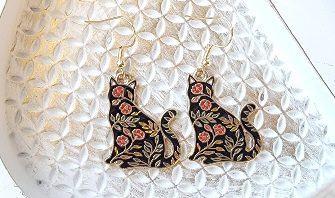 Floral Cat Earrings, Enamel Cat Dangles, Cute Kitty Earrings, Kitty ...