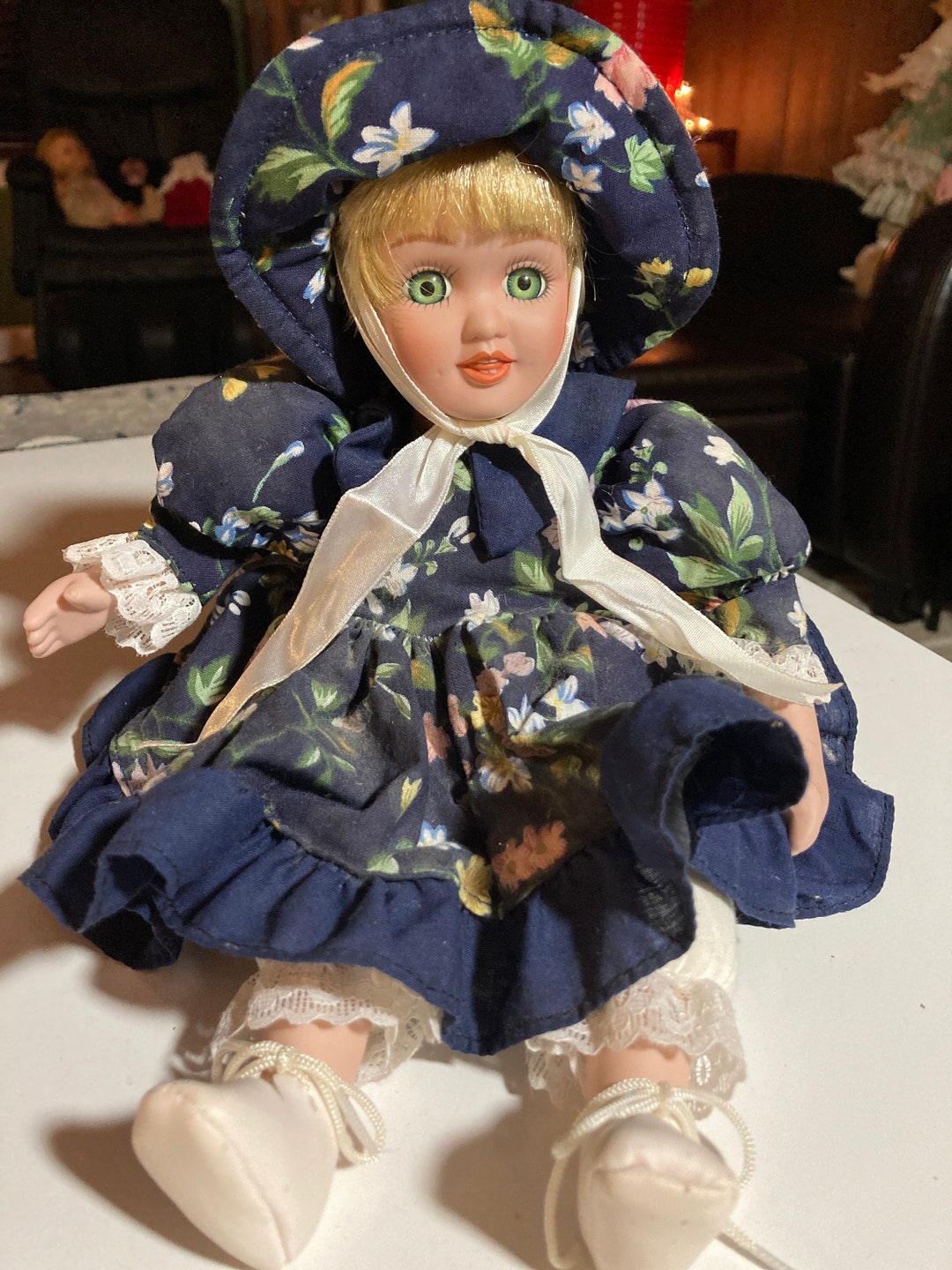 Anco Vintage Musical Doll 7” Tall Sitting Navy Floral Dress Blond Hair ...