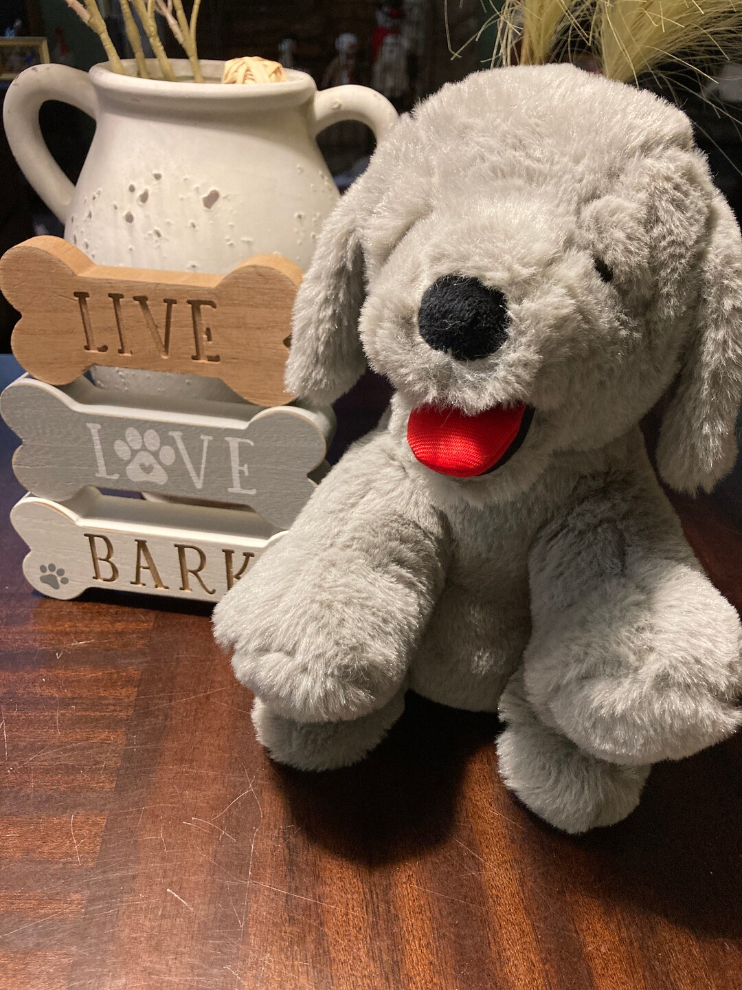 Puppy Dog Grey Gray Plush Dog With Red Panting Tongue 10” Tall Soft Fur ...