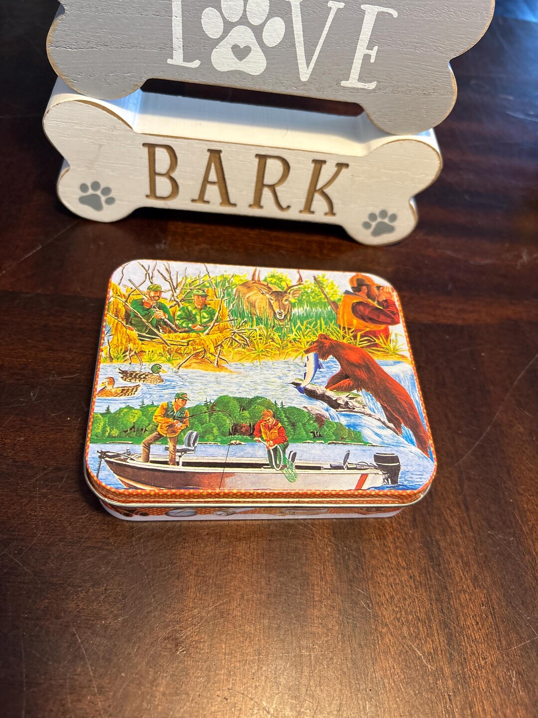 Vintage Metal Tin 4.5” X 4” X 1.25” Decorative Tin Hunters Fisherman ...