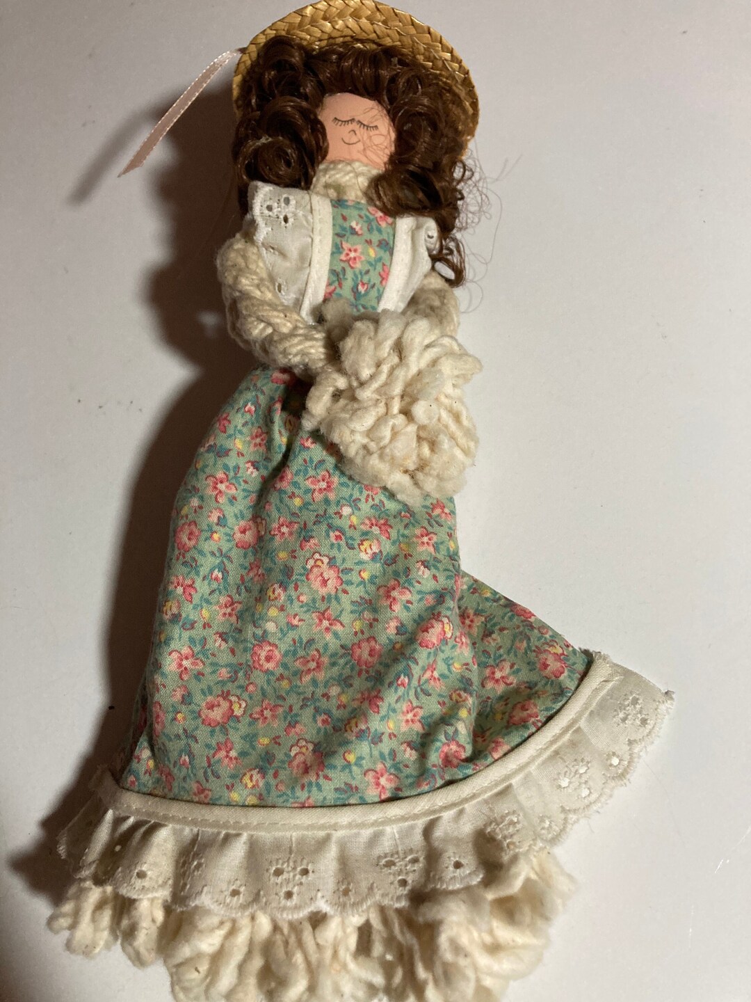 Handmade Mop Doll 11 Tall in Spring Dress Straw Hat Brown Curly Hair ...