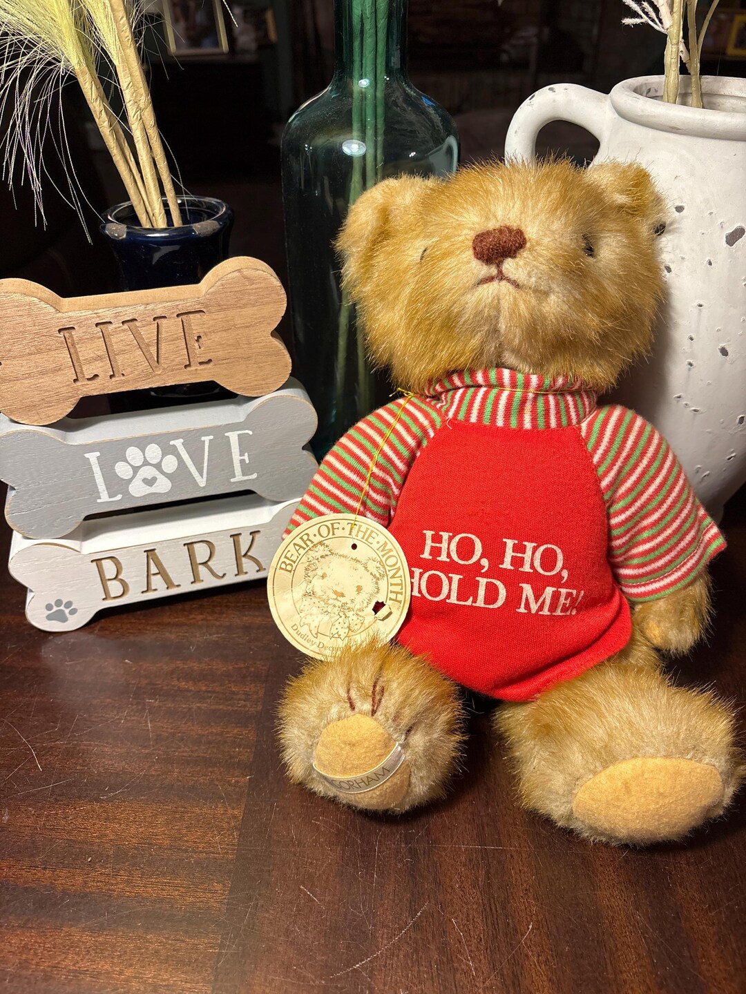 Gorham 12” Christmas Teddy Bear Red Green Shirt Ho Ho Hold Me Toy ...