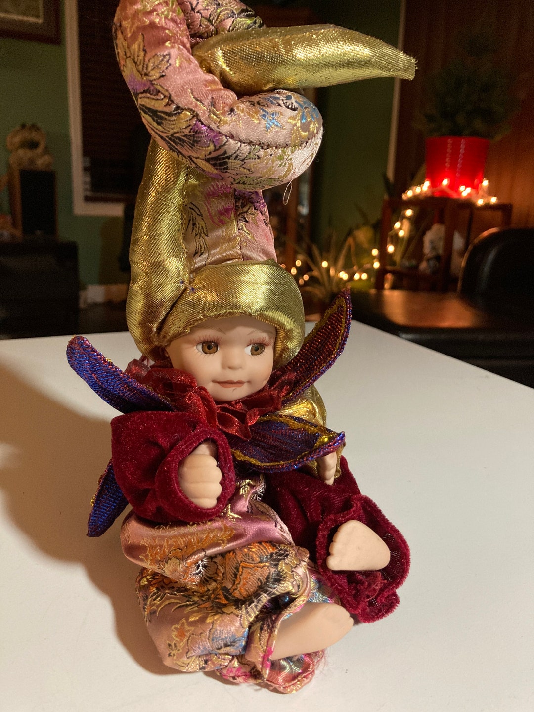 Vintage Porcelain Clown Jester Doll Sitting 10” Sitting in Burgundy ...