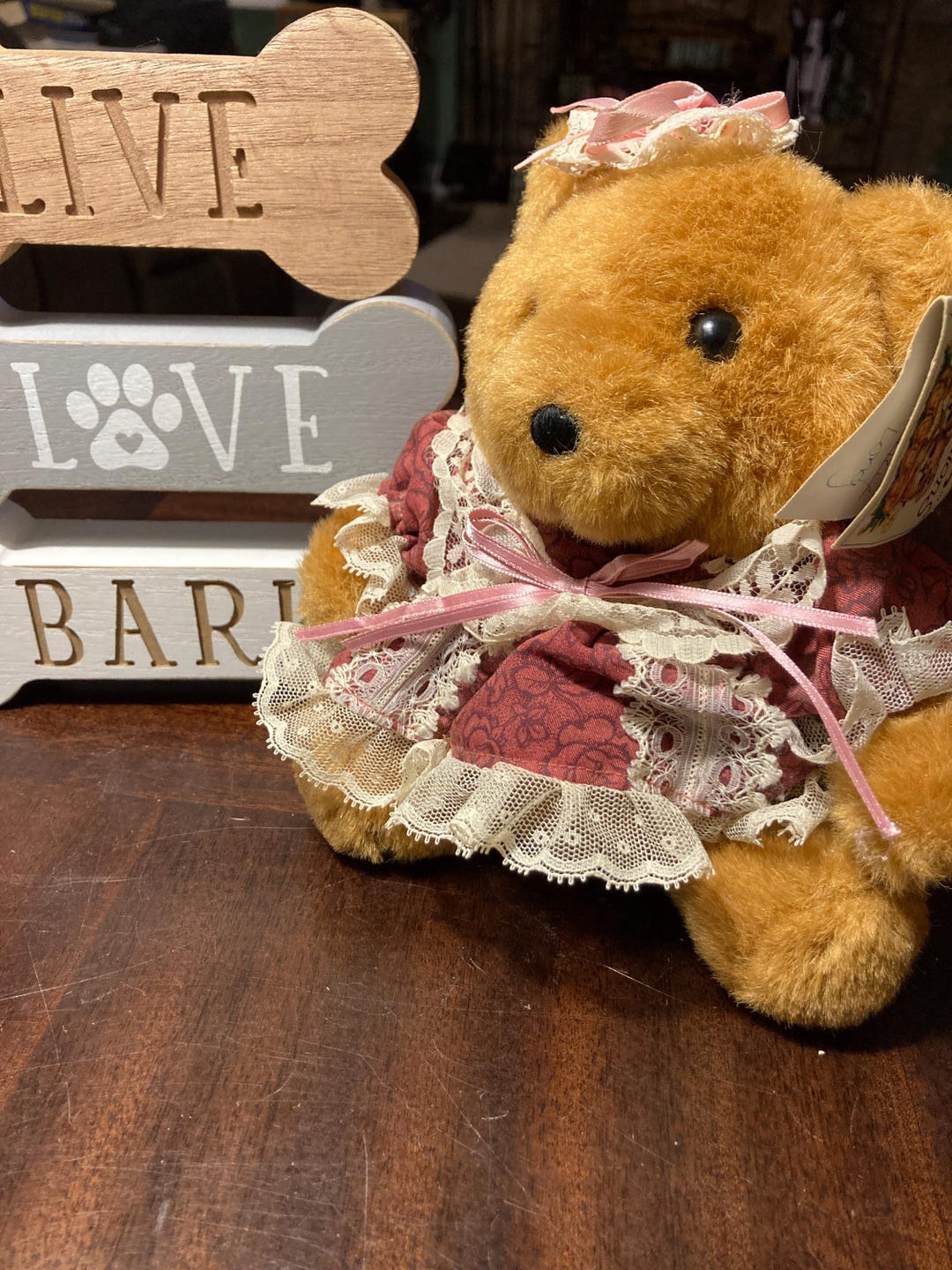 Dandee 8” Plush Teddy Bear Girl With Fancy Lace Dress and Head Bow Soft ...