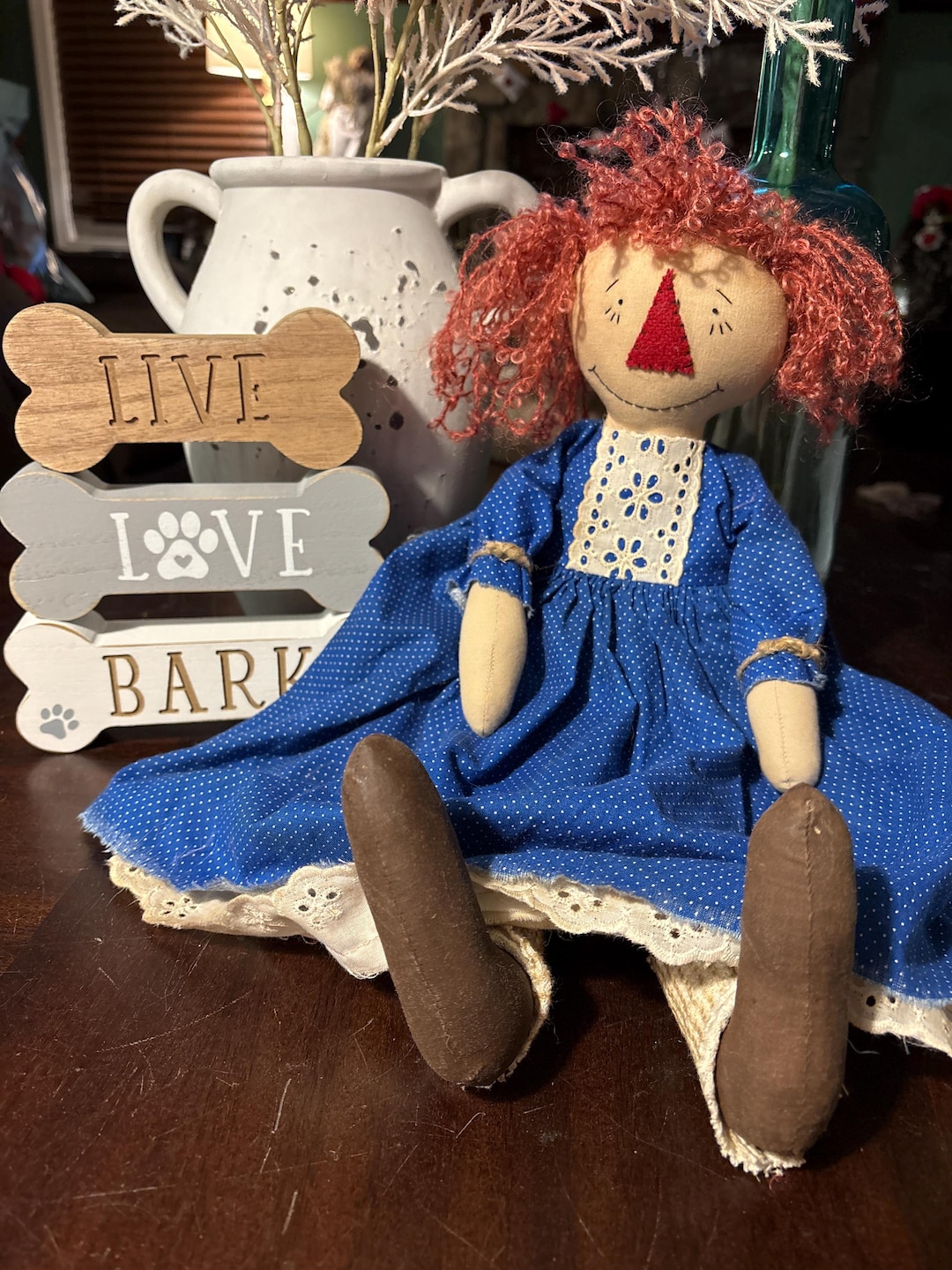 Raggedy Ann 19” Handmade Rag Doll Red Hair Blue Dress All Cloth Tea ...