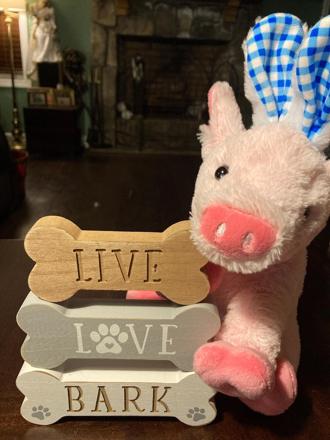 Dandee 12” Plush Pig With Bunny Ears Blue White Checker Pattern Stuffed ...